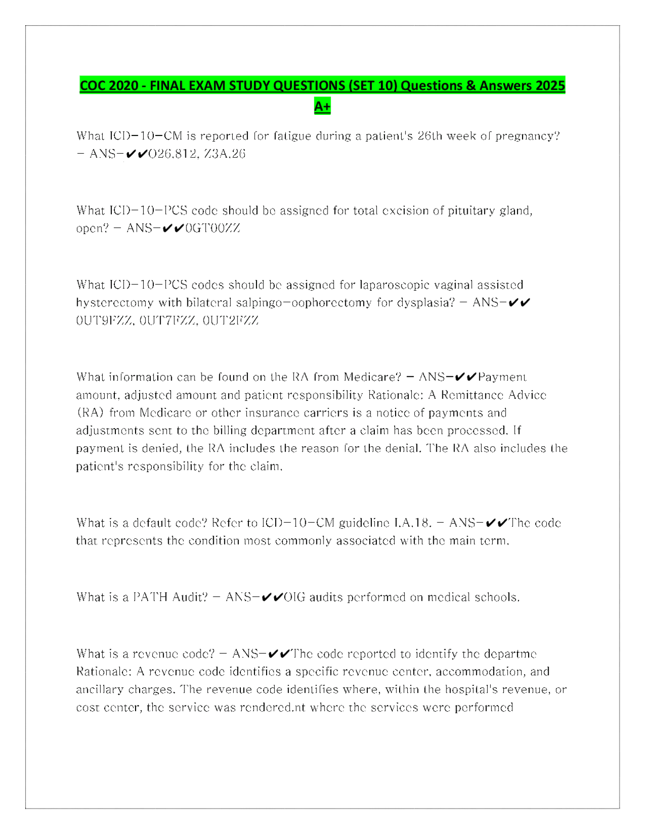 COC 2020 - FINAL EXAM STUDY QUESTIONS (SET 10) Questions & Answers 2025 ...