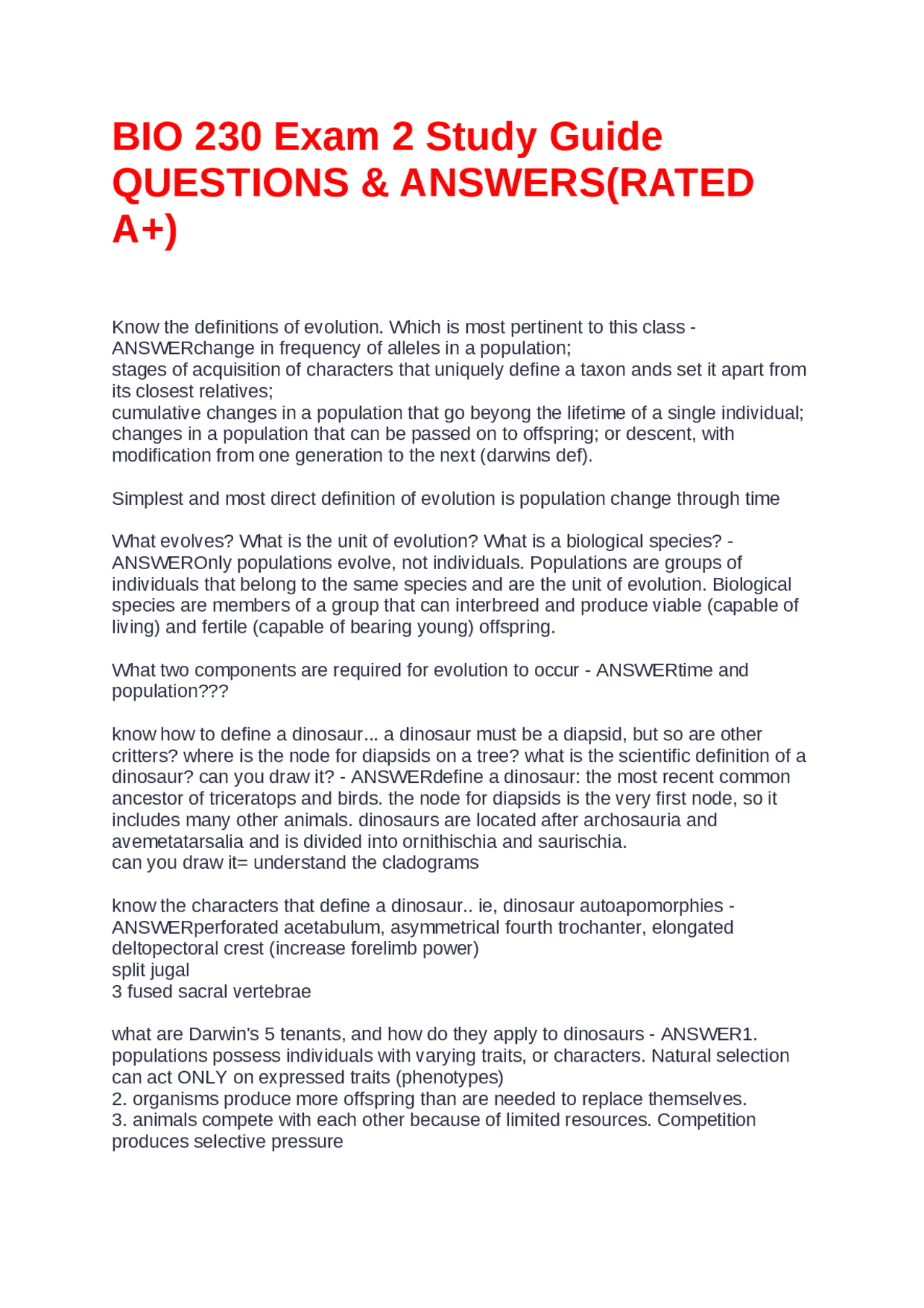 BIO 230 Exam 2 Study Guide QUESTIONS & ANSWERS(RATED A+) | Exams ...