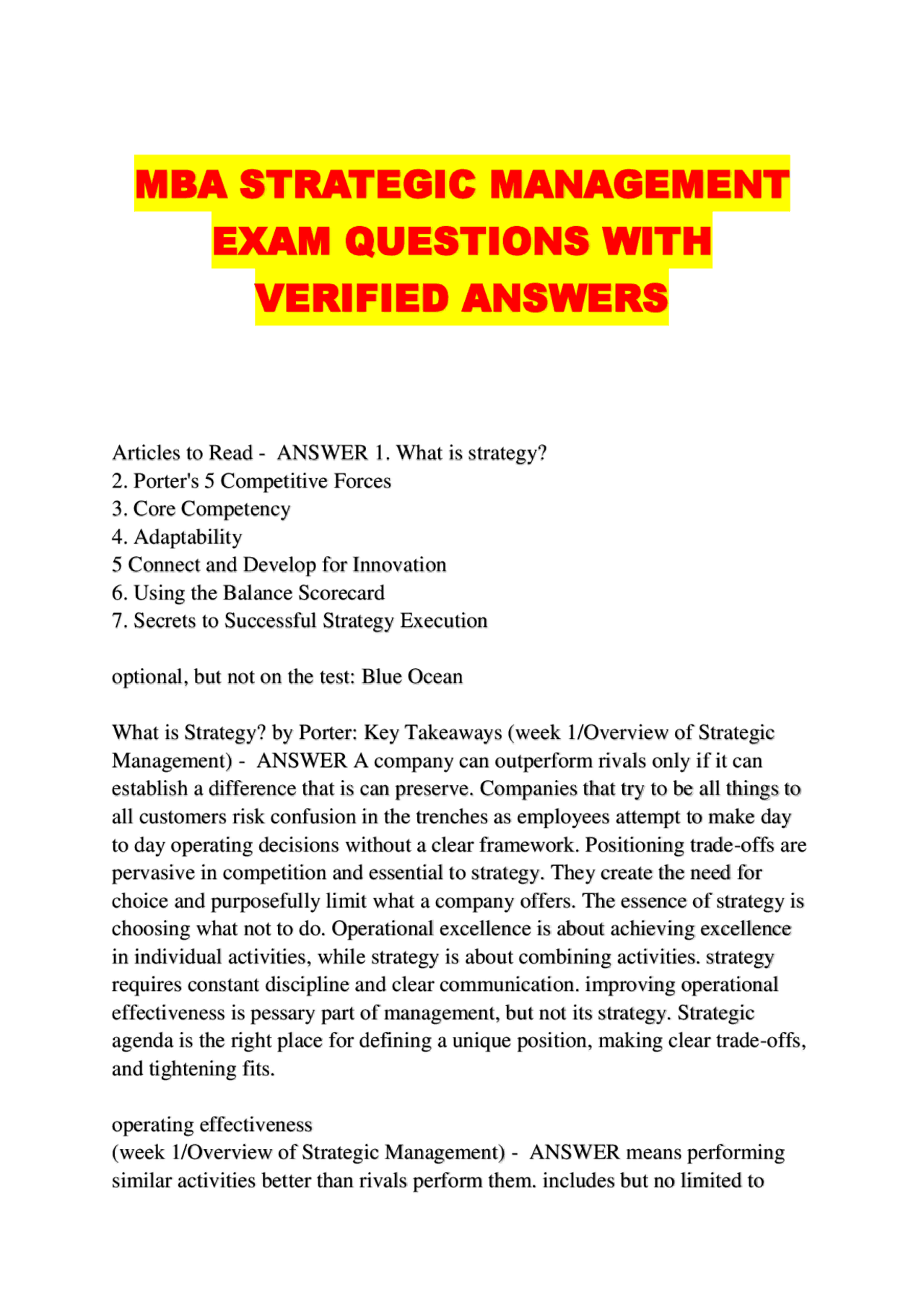 MBA STRATEGIC MANAGEMENT EXAM QUESTIONS WITH VERIFIED ANSWERS | Exams ...