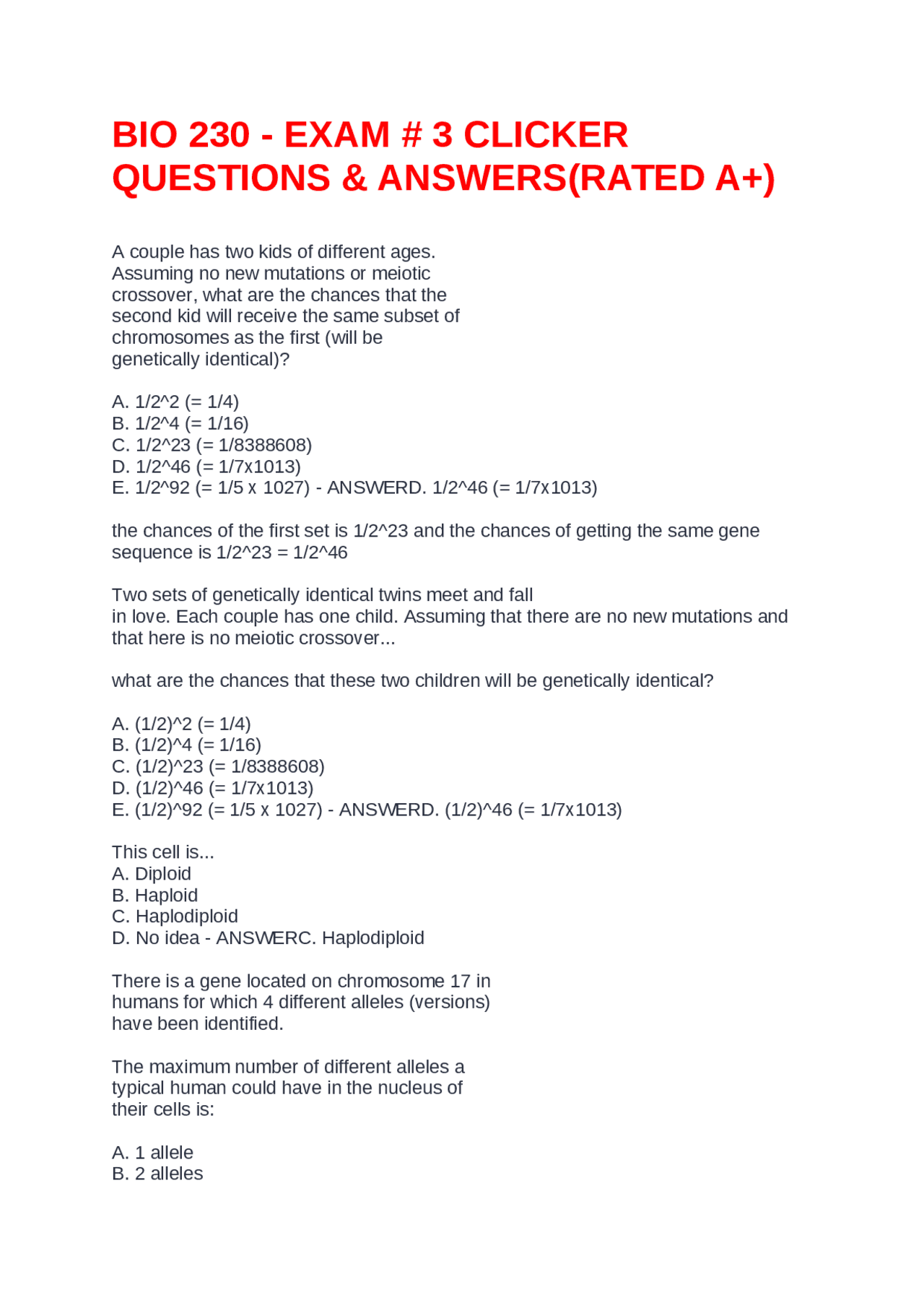 BIO 230 - EXAM # 3 CLICKER QUESTIONS & ANSWERS(RATED A+) | Exams ...