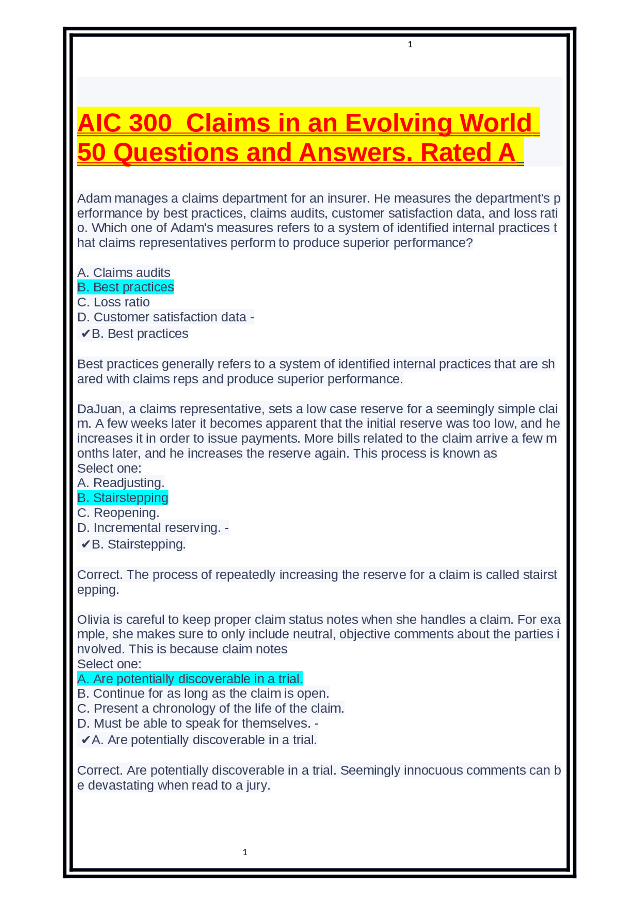 AIC 300 Claims in an Evolving World 50 Questions and Answers. Rated A ...