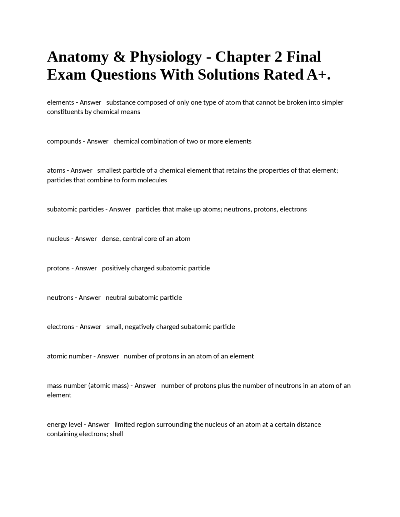 Anatomy & Physiology - Chapter 2 Final Exam Questions With Solutions ...