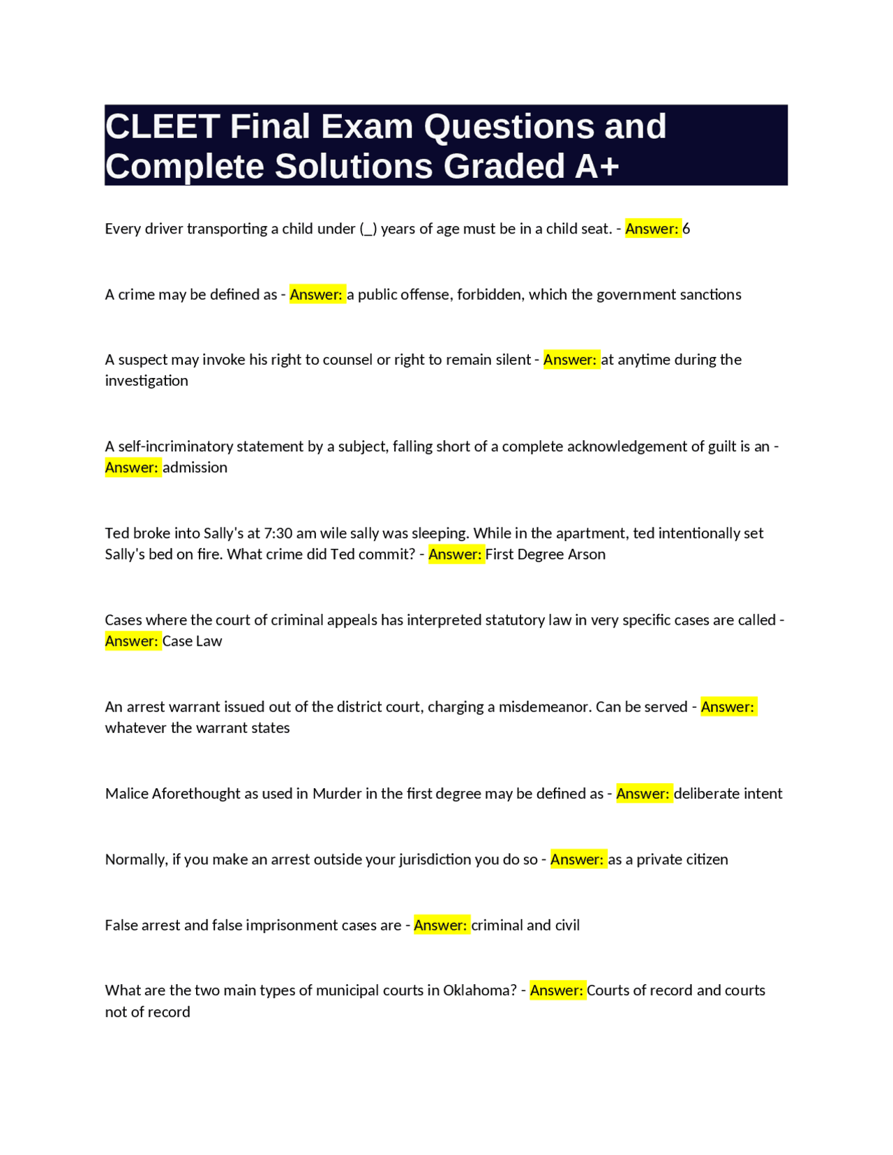 CLEET Phase 1 Test Questions and Complete Solutions Graded A+ | Exams ...