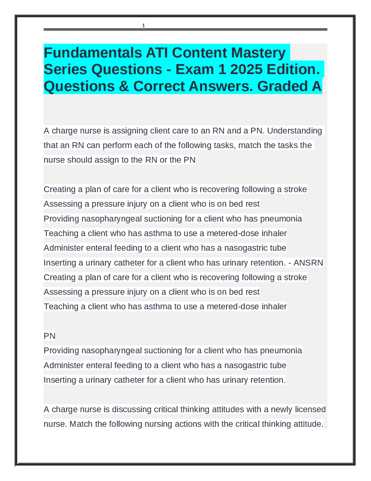 Fundamentals ATI Content Mastery Series Questions - Exam 1 2025 Edition ...