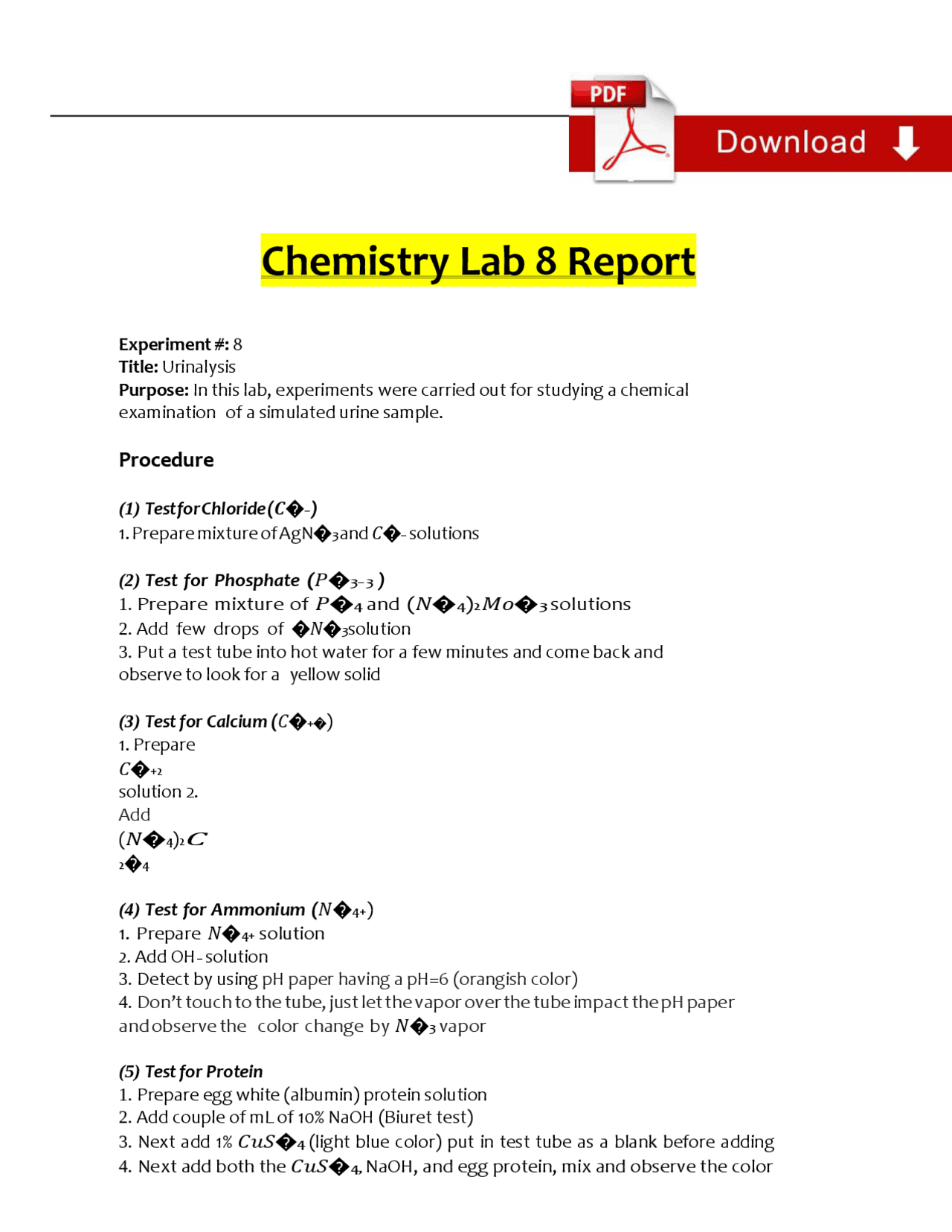 Portage learning CHEM 104 LAB 8 Report Urinalysis Complete (2025 / 2026), Lab Reports of C ...