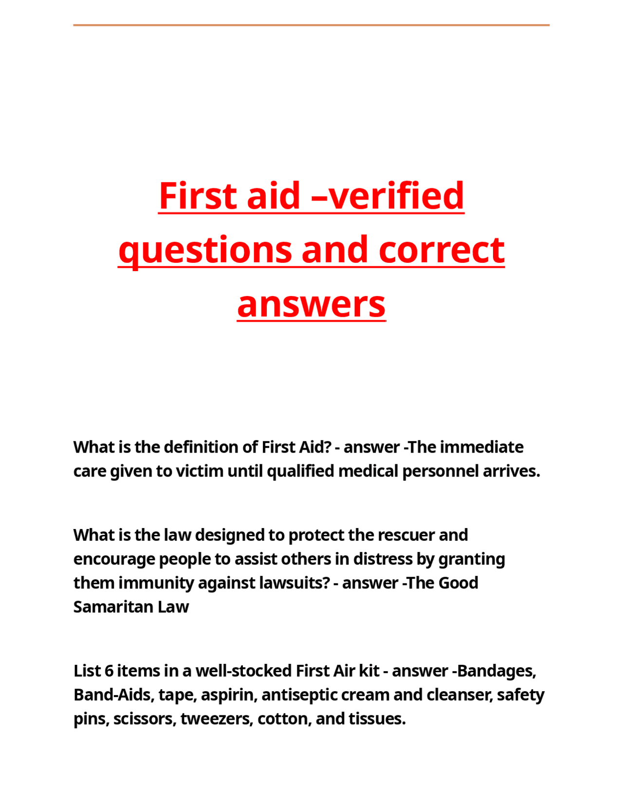 First aid –verified questions and correct answers.docx | Exams Nursing ...