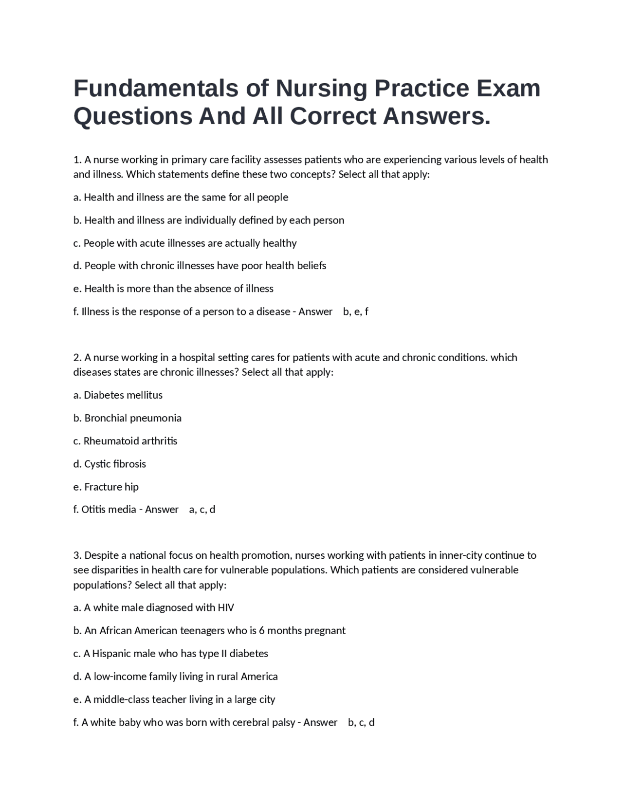 Fundamentals of Nursing Practice Exam: Multiple Choice Questions and ...
