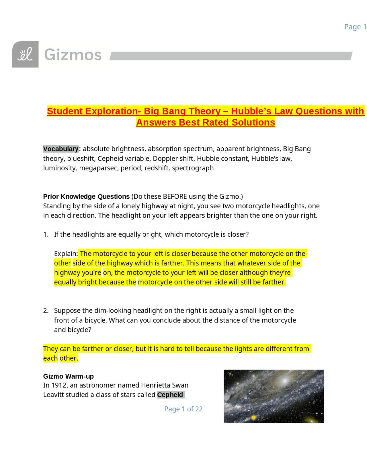 Student Exploration- Big Bang Theory – Hubble’s Law Questions with ...