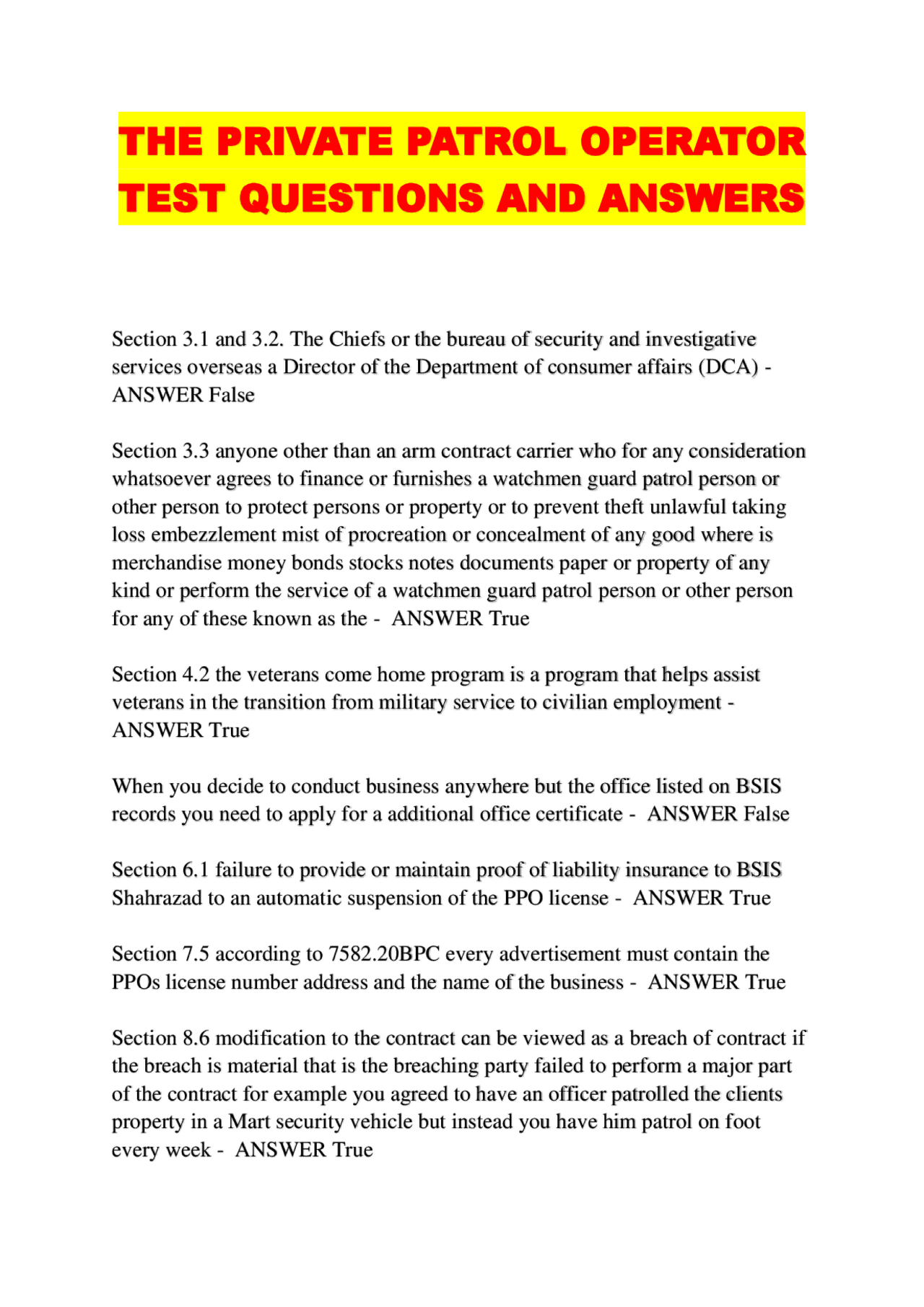 Private Patrol Operator Test Questions and Answers: California Security ...