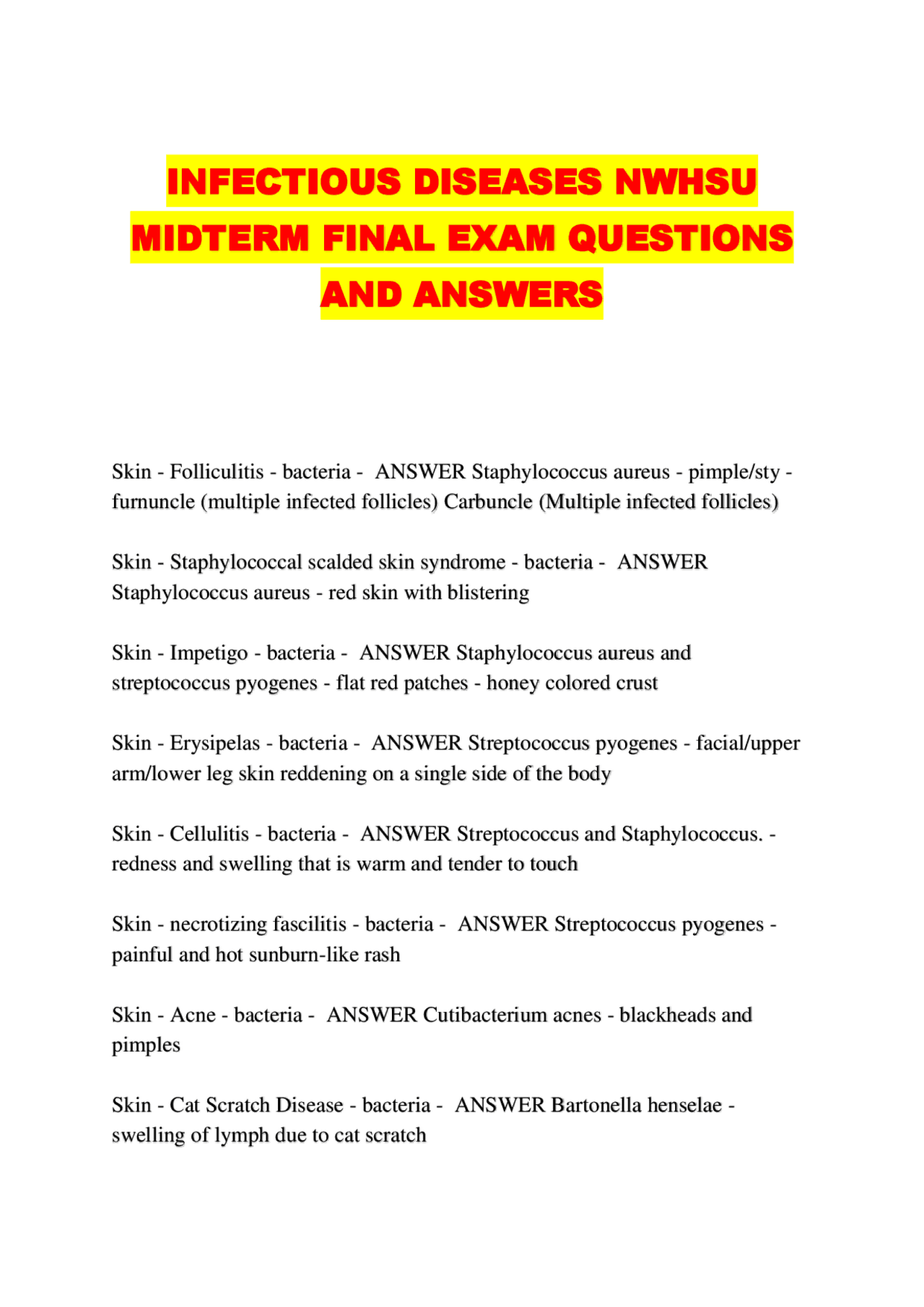 INFECTIOUS DISEASES NWHSU MIDTERM FINAL EXAM QUESTIONS AND ANSWERS ...
