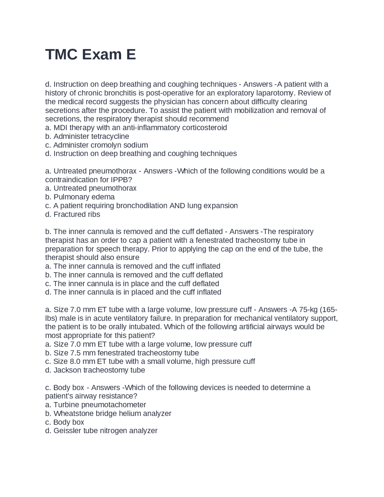 TMC Exam E With Questions and Correct Answers | Exams Nursing | Docsity