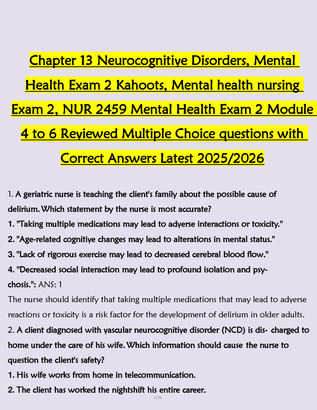 Chapter 13 Neurocognitive Disorders, Mental Health Exam... | Exams ...