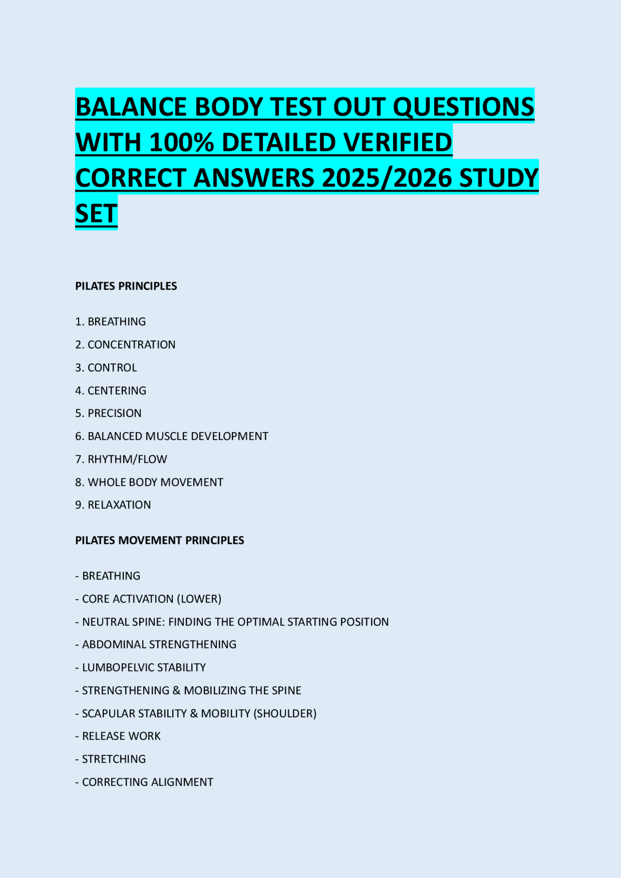 BALANCE BODY TEST OUT QUESTIONS WITH 100% DETAILED VERIFIED CORRECT ...