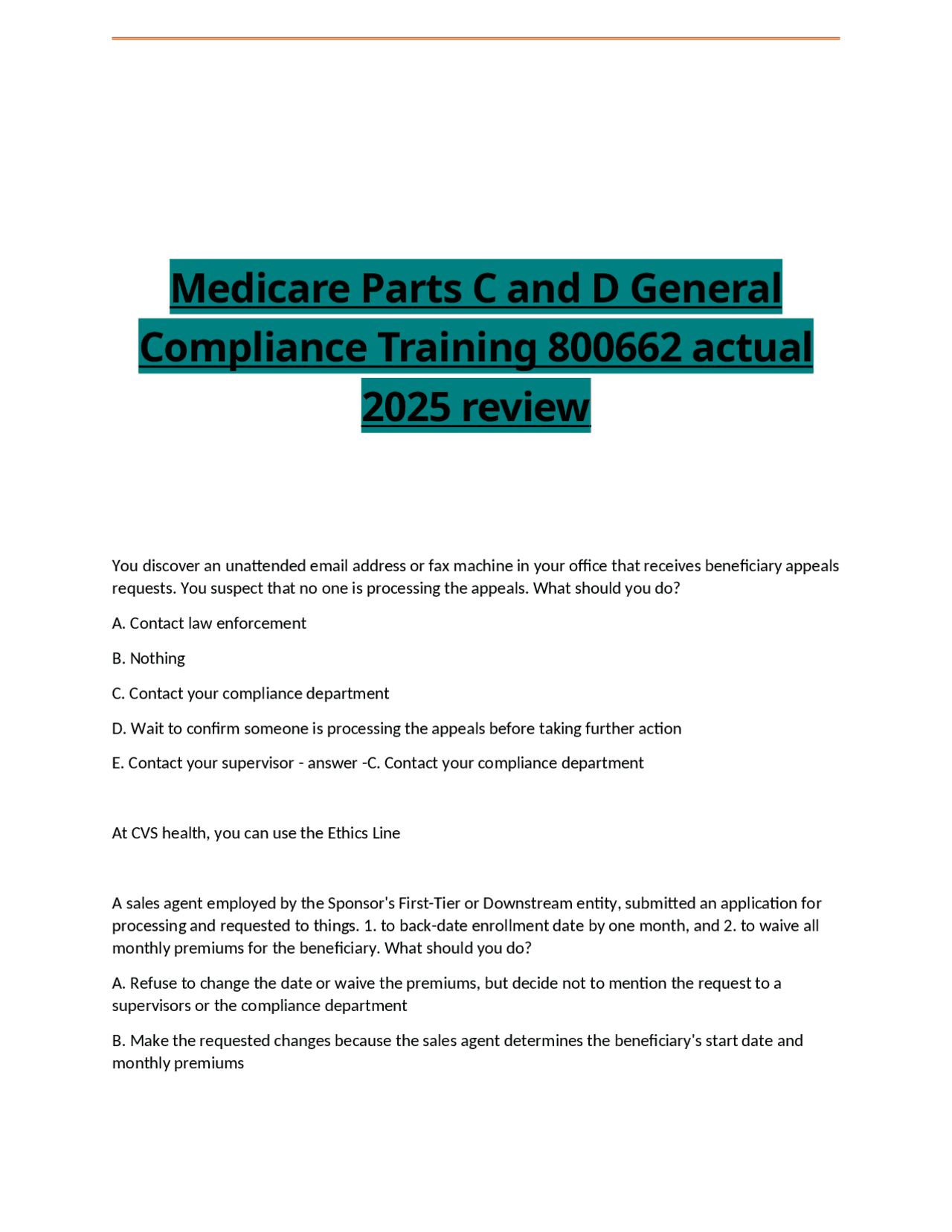 Medicare Parts C and D General Compliance Training 800662 actual 2025 ...