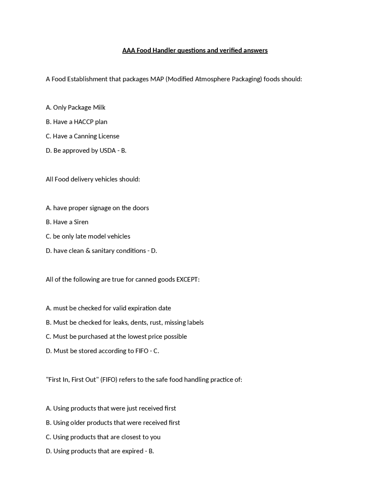 AAA Food Handler questions and verified answers | Exams Advanced ...