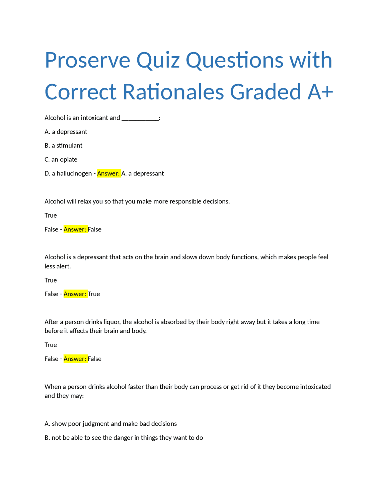 Proserve Quiz Questions with Correct Rationales Graded A+ | Exams ...