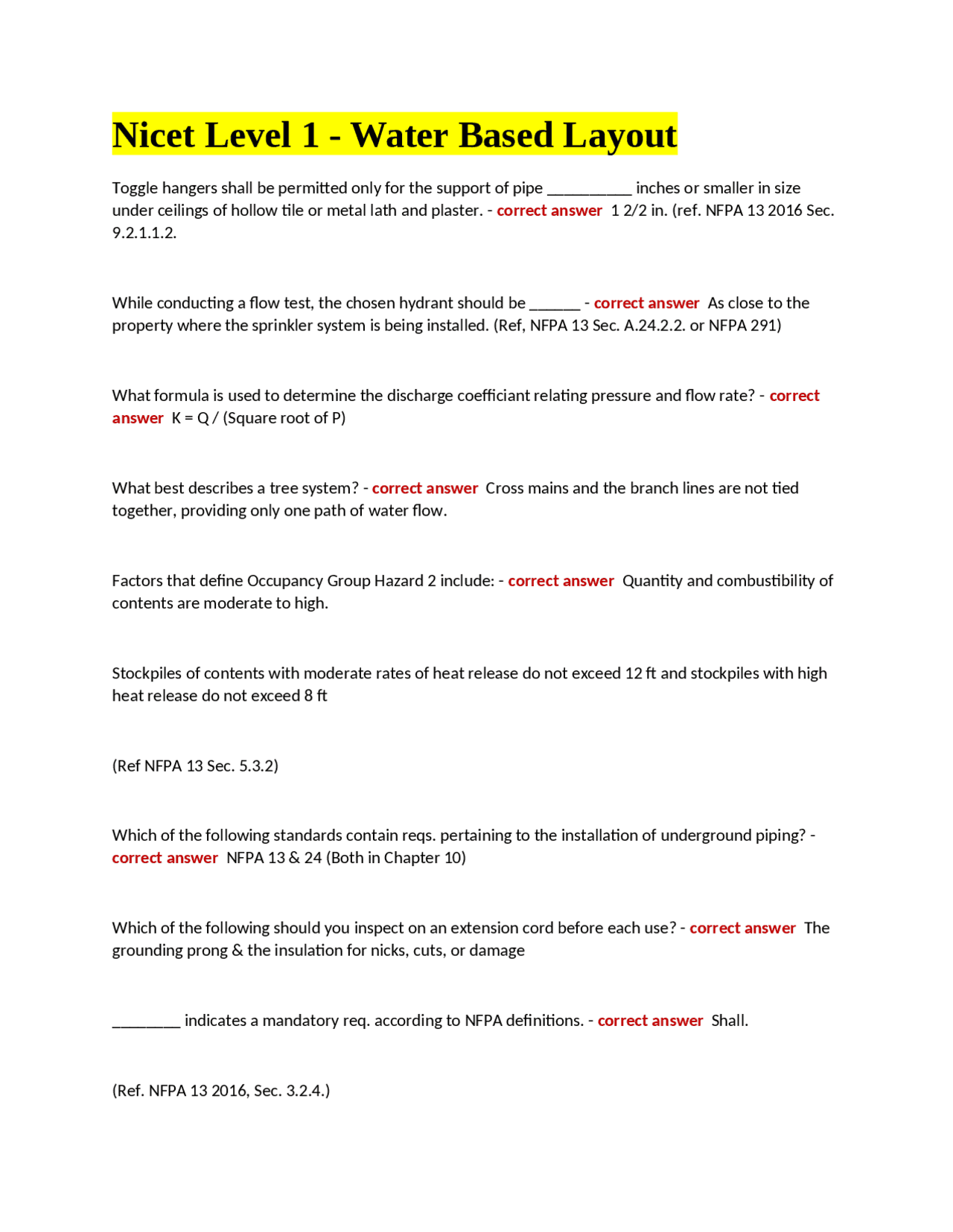 Nicet Level 1 - Water Based Layout | Exams Health sciences | Docsity