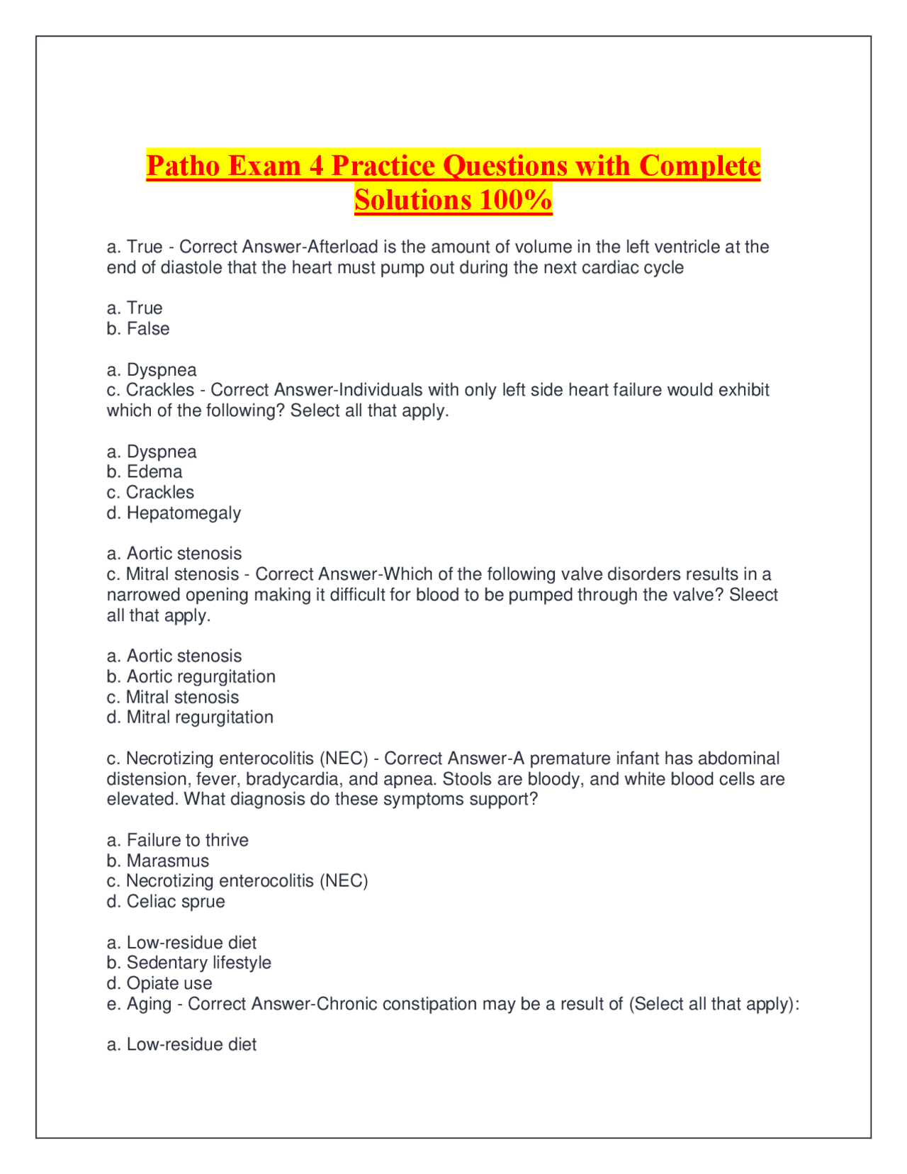 Patho Exam 4 Practice Questions with Complete Solutions 100% | Exams ...