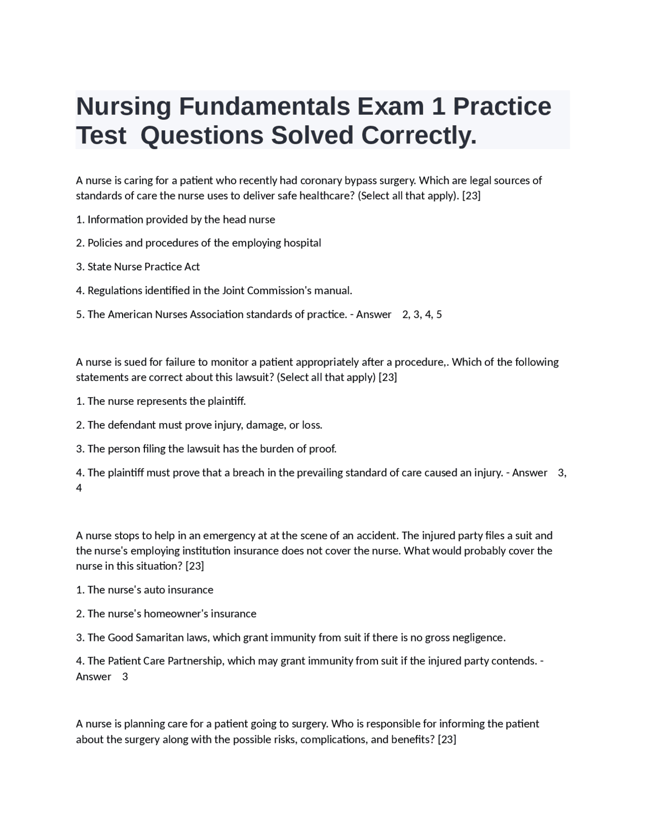 Nursing Fundamentals Exam 1 Practice Test Questions Solved Correctly ...