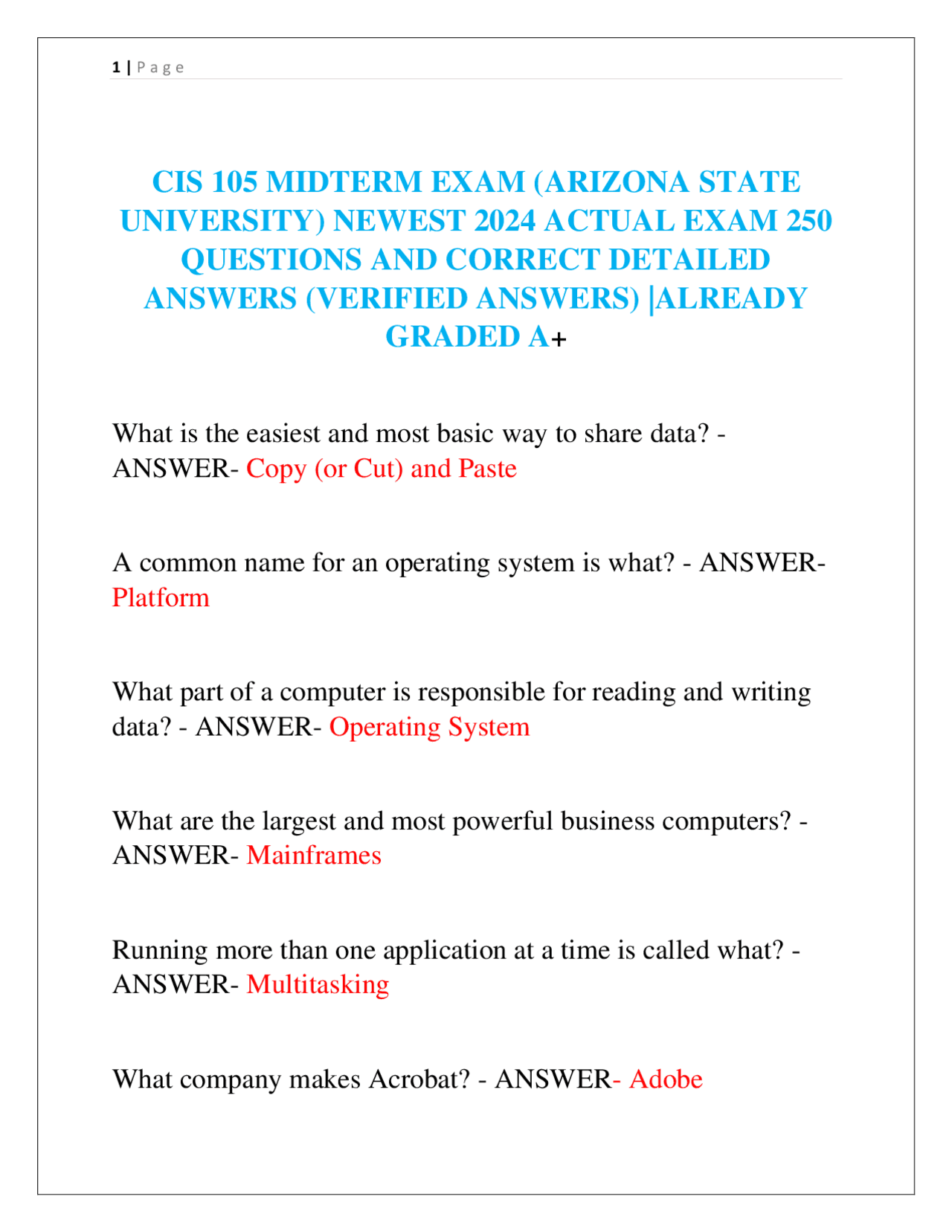 CIS 105 MIDTERM EXAM (ARIZONA STATE UNIVERSITY) NEWEST 2024 ACTUAL EXAM 250 QUESTIONS AN | Exams ...