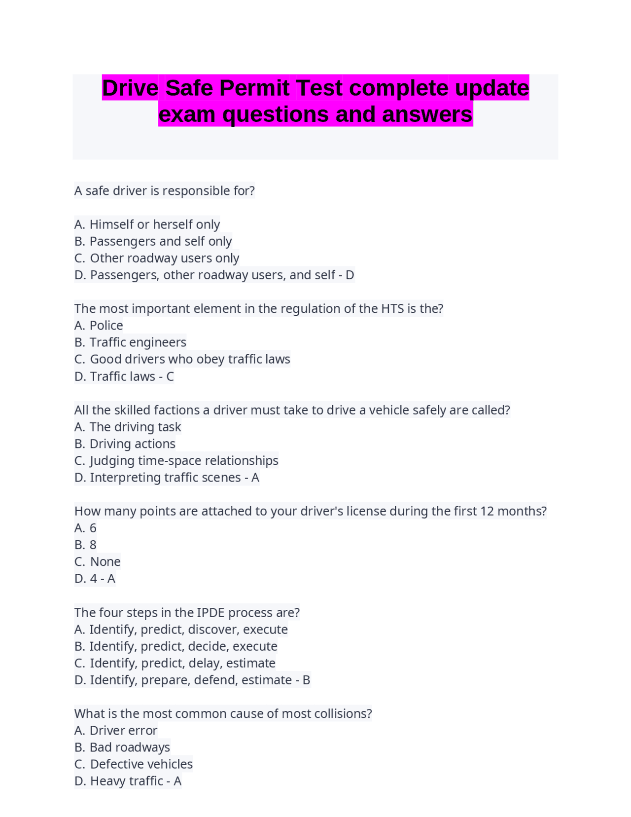 Drive Safe Permit Test complete update exam questions and answers ...