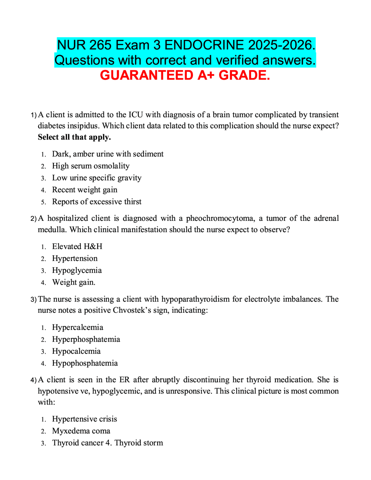NUR 265 Exam 3 ENDOCRINE 2025-2026. Questions with correct and verified ...