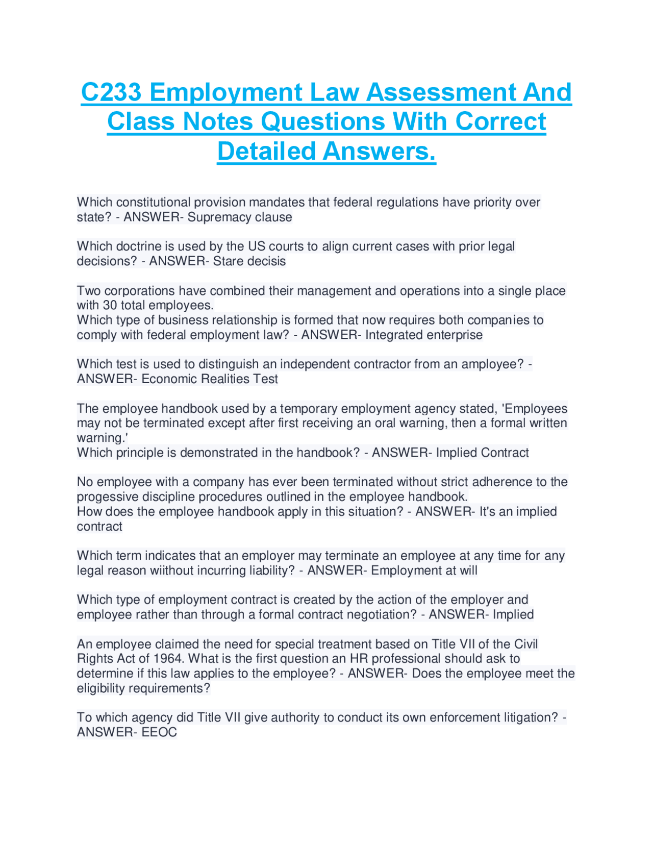 C233 Employment Law Assessment And Class Notes Questions With Correct ...