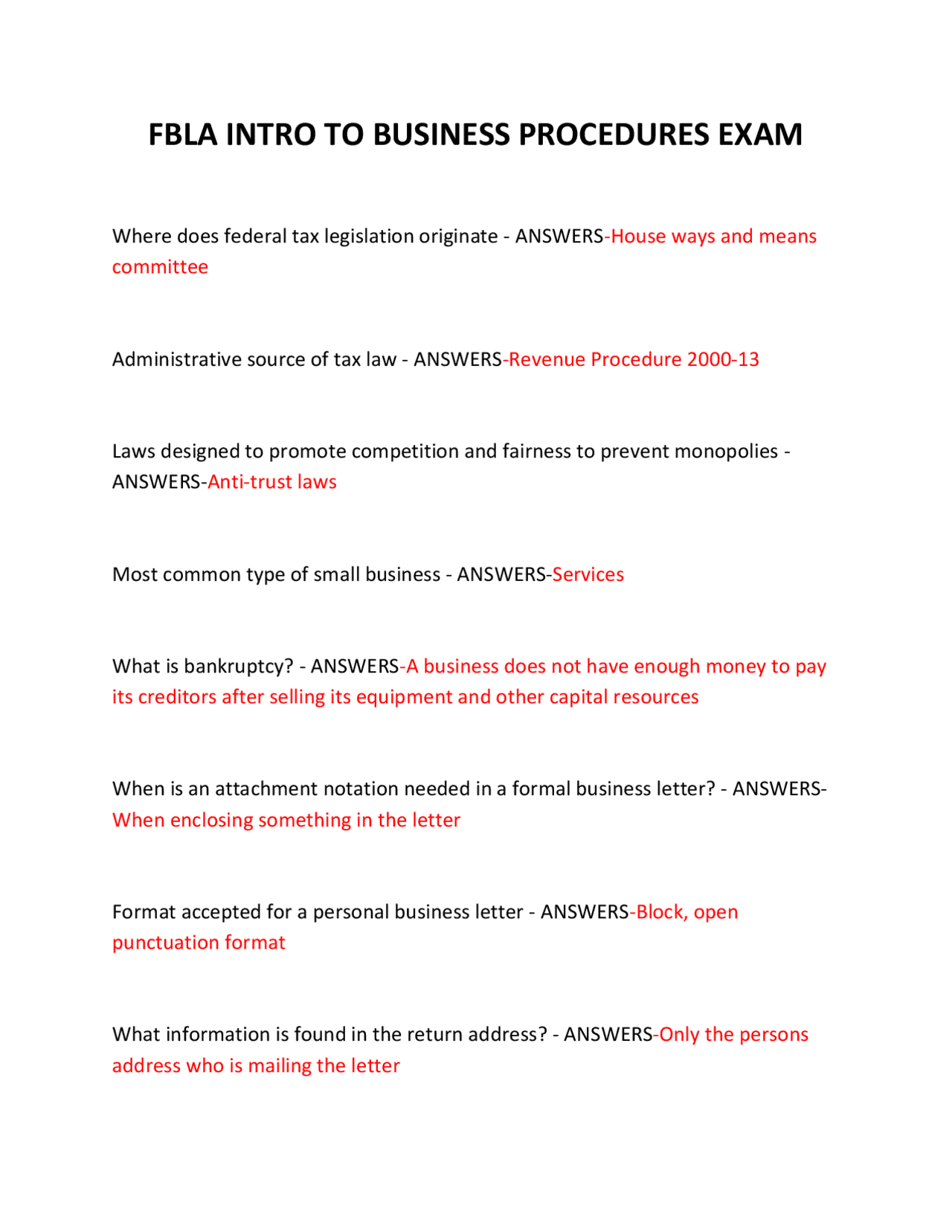 FBLA Intro to Business Procedures Exam: Questions and Answers | Exams ...