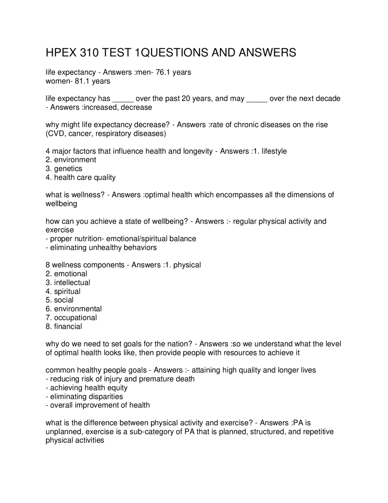 HPEX 310 Test 1: Questions and Answers on Health, Wellness, and ...