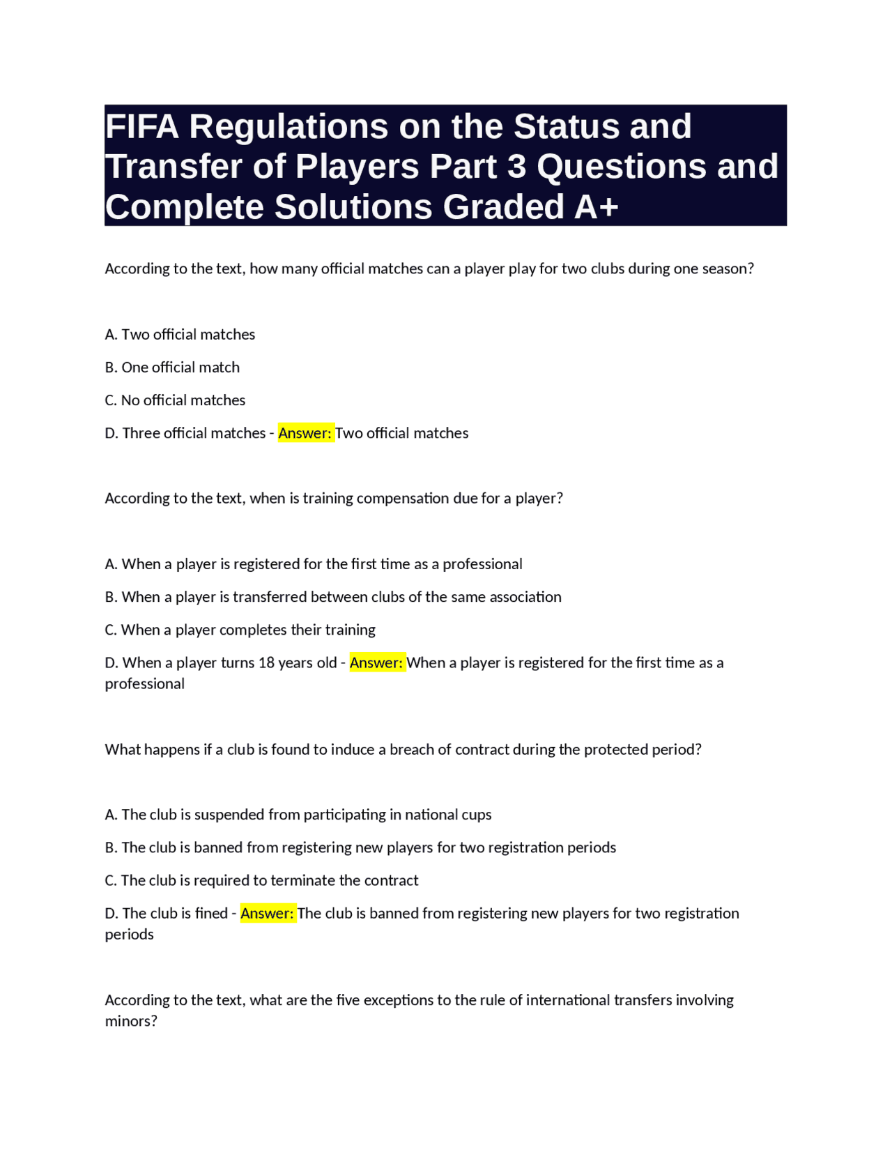 FIFA Regulations on the Status and Transfer of Players Part 3 Questions ...
