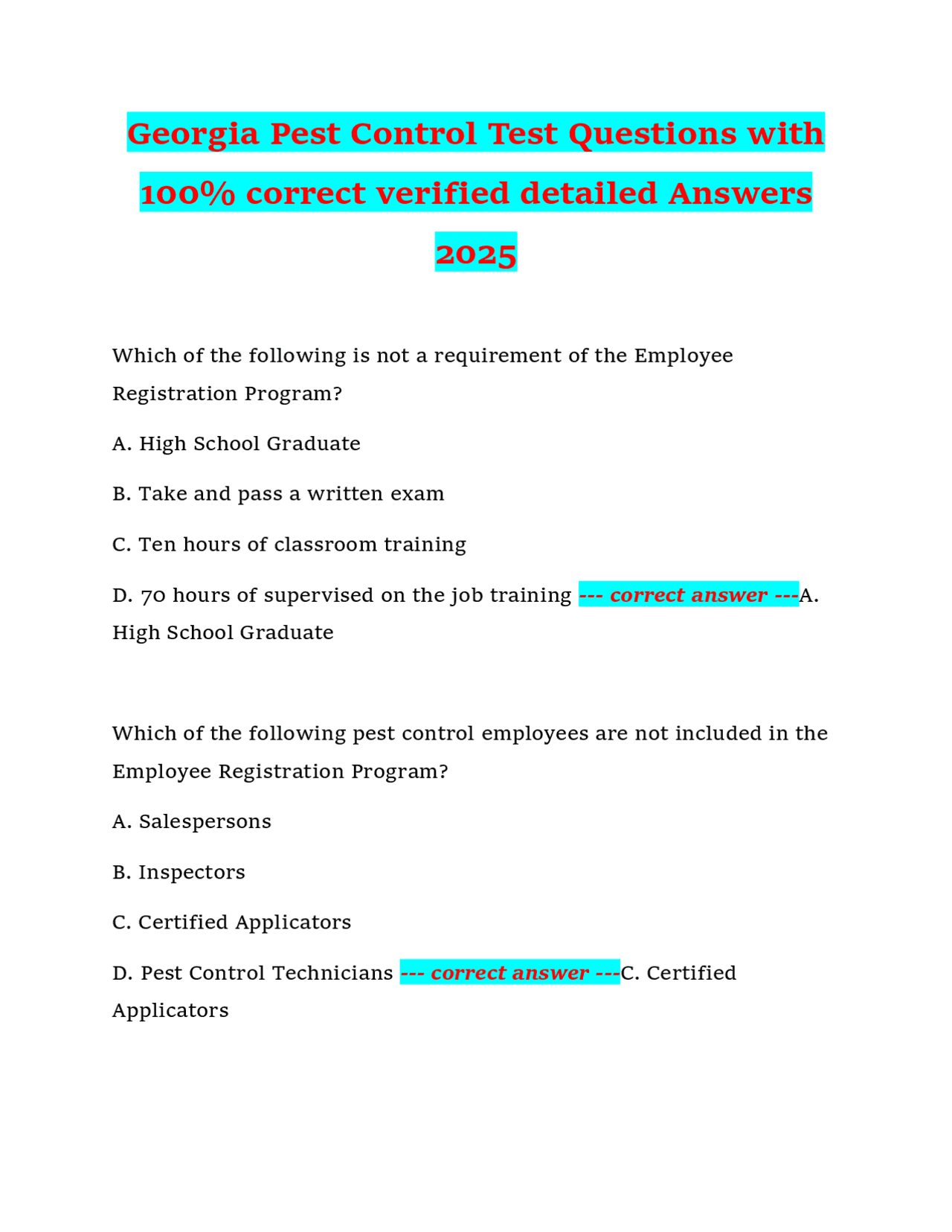 Georgia Pest Control Test Questions and Answers | Exams Pest Management ...