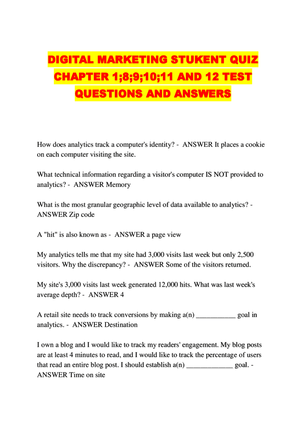 DIGITAL MARKETING STUKENT QUIZ CHAPTER 1;8;9;10;11 AND 12 TEST ...