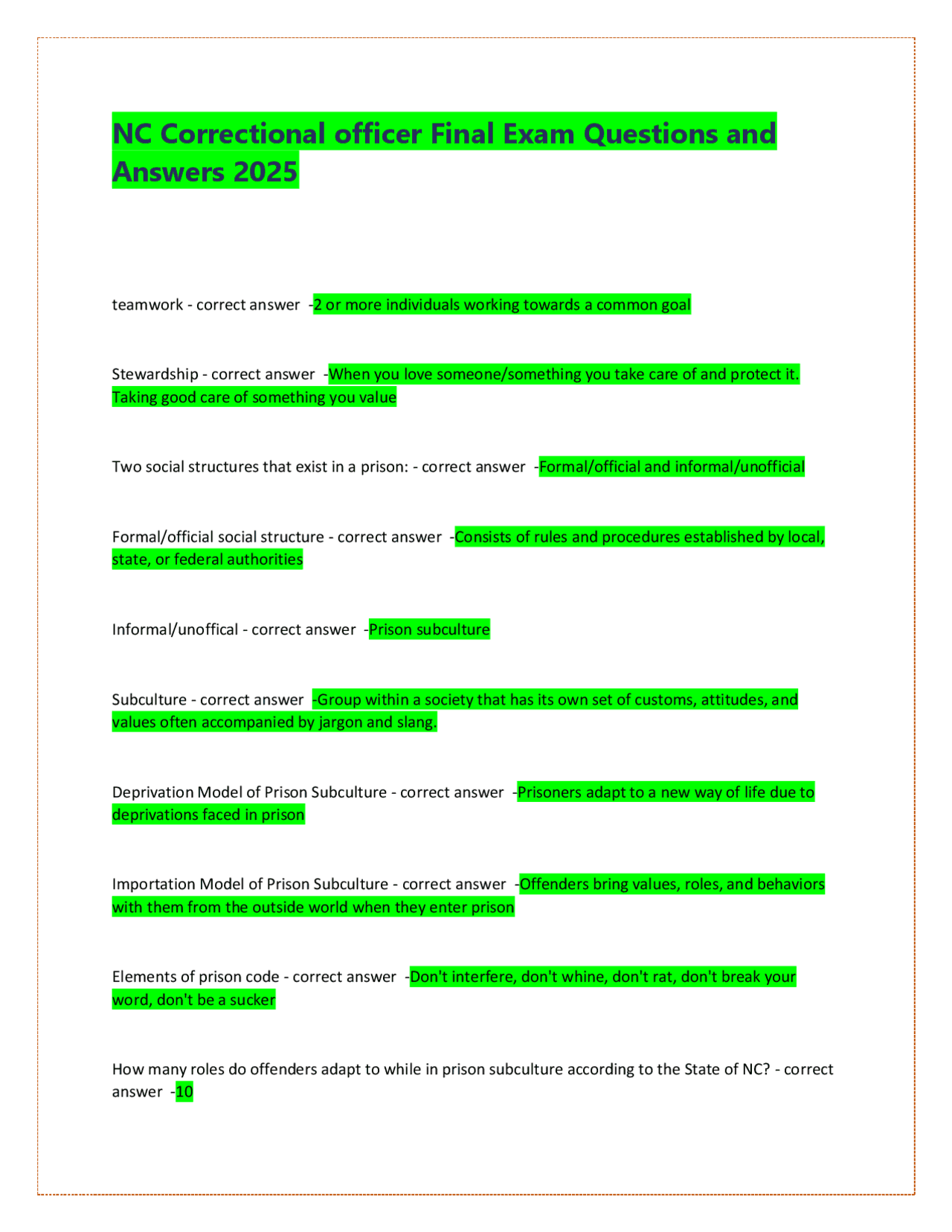 NC Correctional officer Final Exam Questions and Answers 2025 | Exams ...
