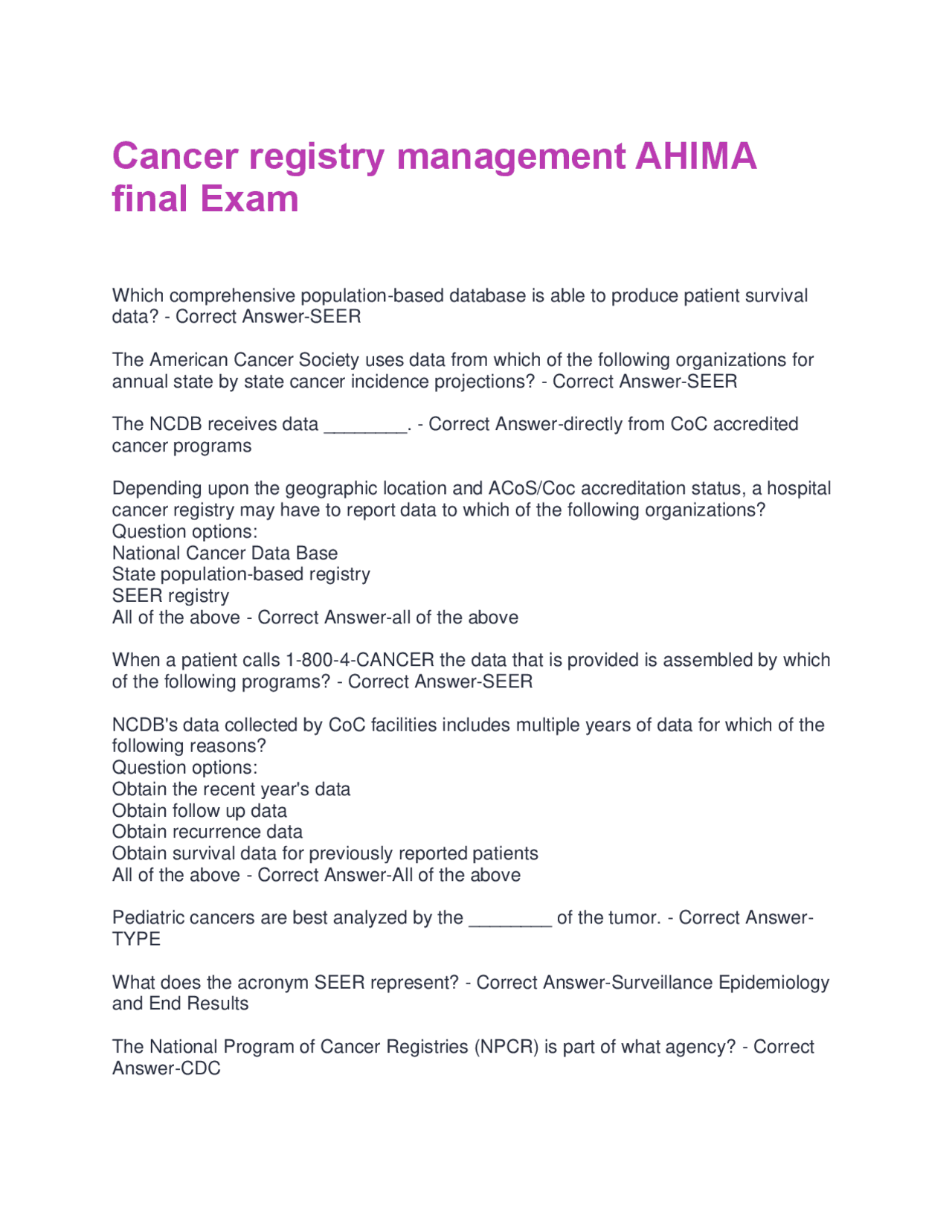 Cancer registry management AHIMA final Exam | Latest 2025 Update with ...