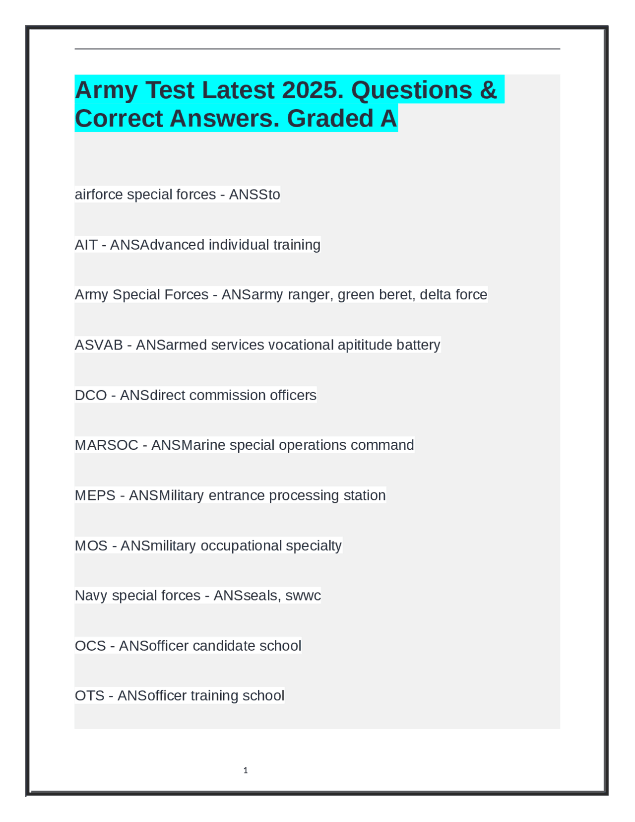Army Test Latest 2025. Questions & Correct Answers. Graded A | Exams ...