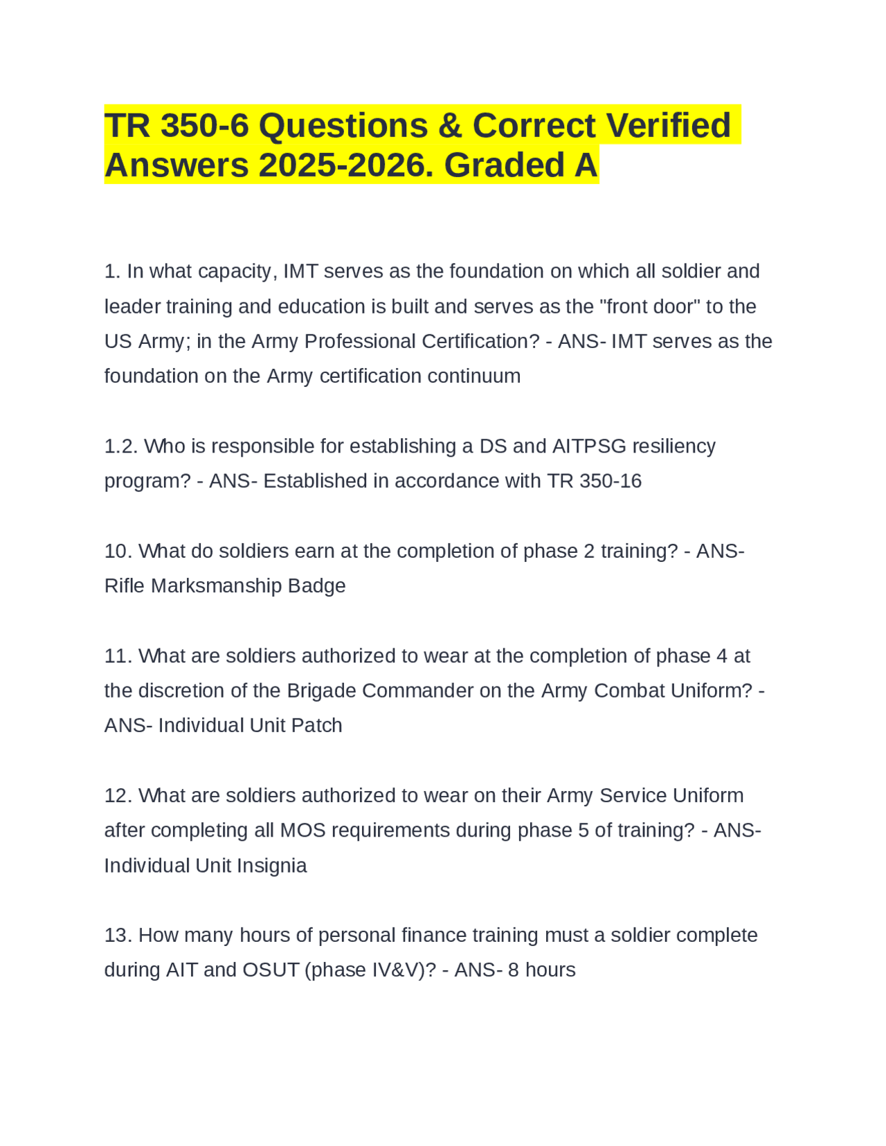 TR 350-6 Questions & Answers: Initial Entry Training (IET) for US Army ...