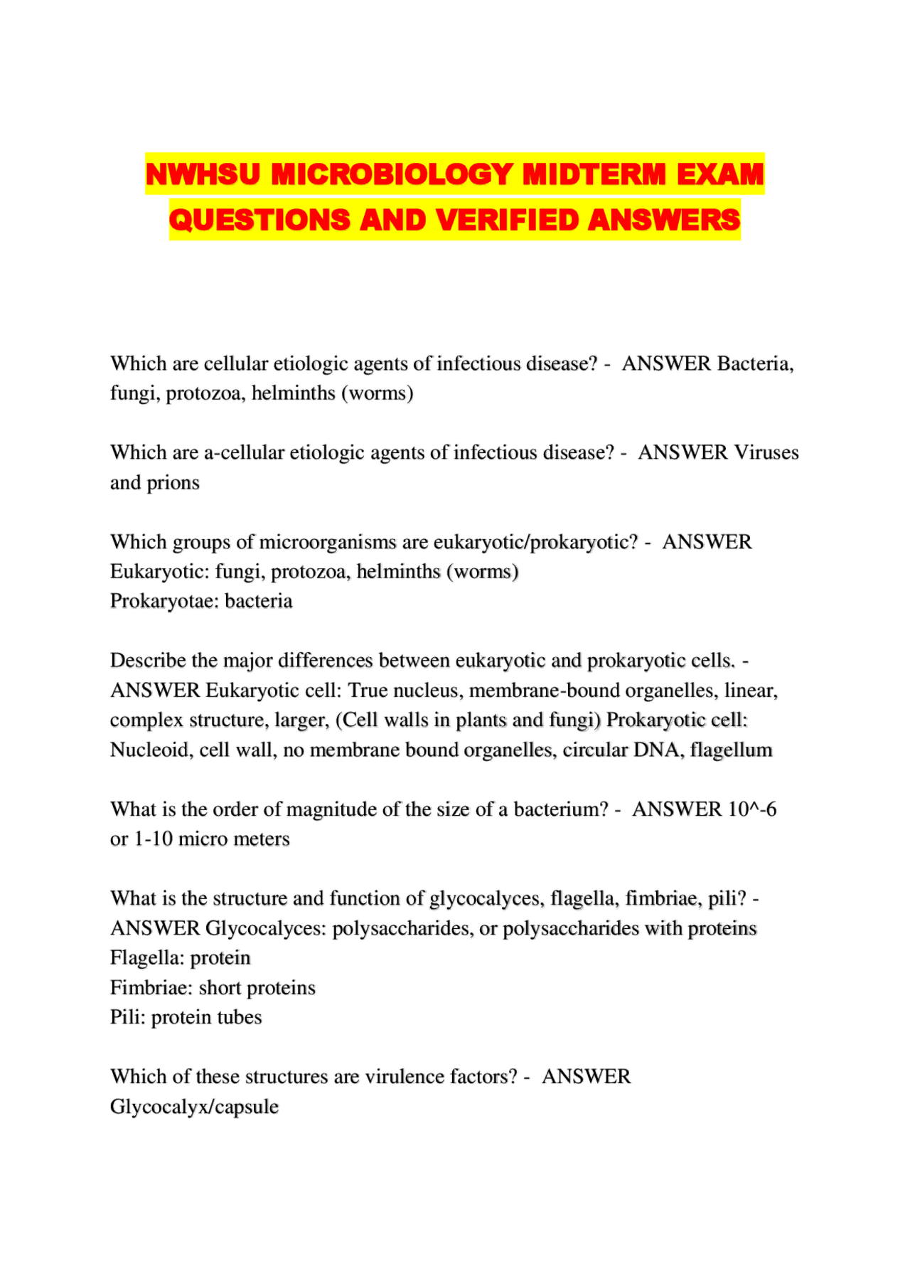 NWHSU MICROBIOLOGY MIDTERM EXAM QUESTIONS AND VERIFIED ANSWERS | Exams ...
