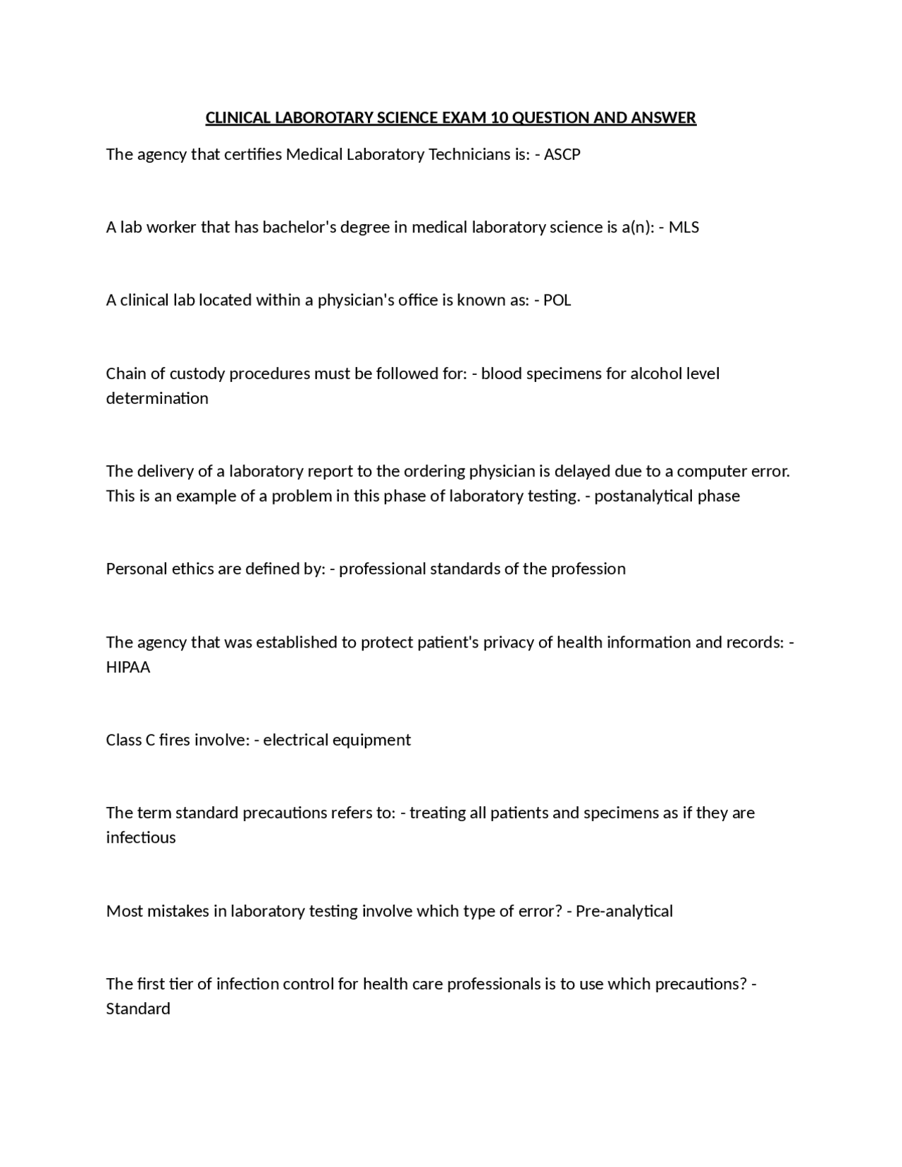 CLINICAL LABOROTARY SCIENCE EXAM 10 QUESTION AND ANSWER | Exams ...