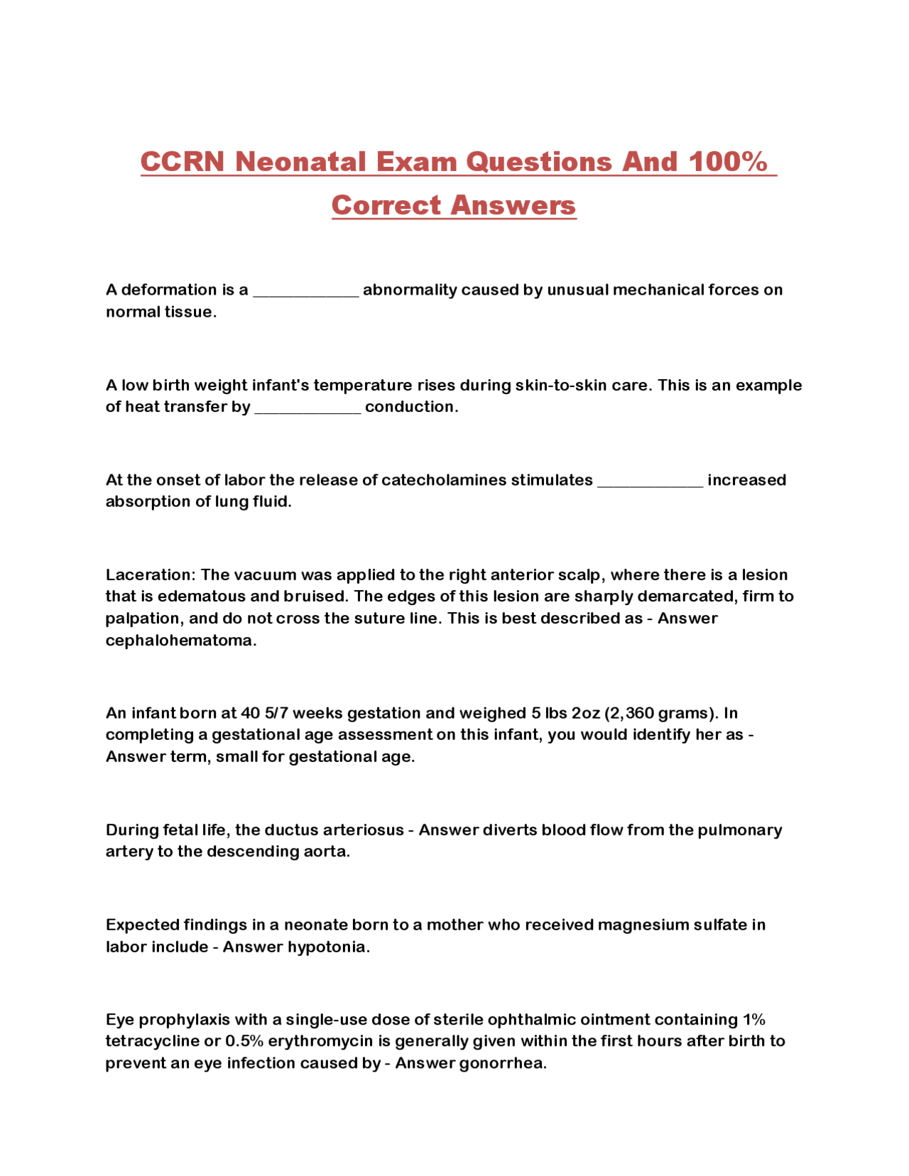 Neonatal Exam Questions and Answers: A Comprehensive Guide for Nursing ...