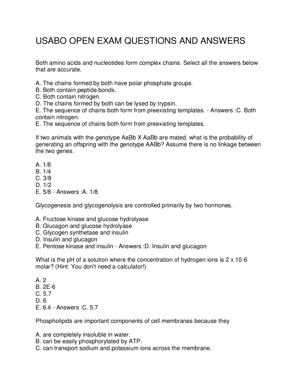 USABO Open Exam Questions and Answers: Biology Practice for Competitive ...