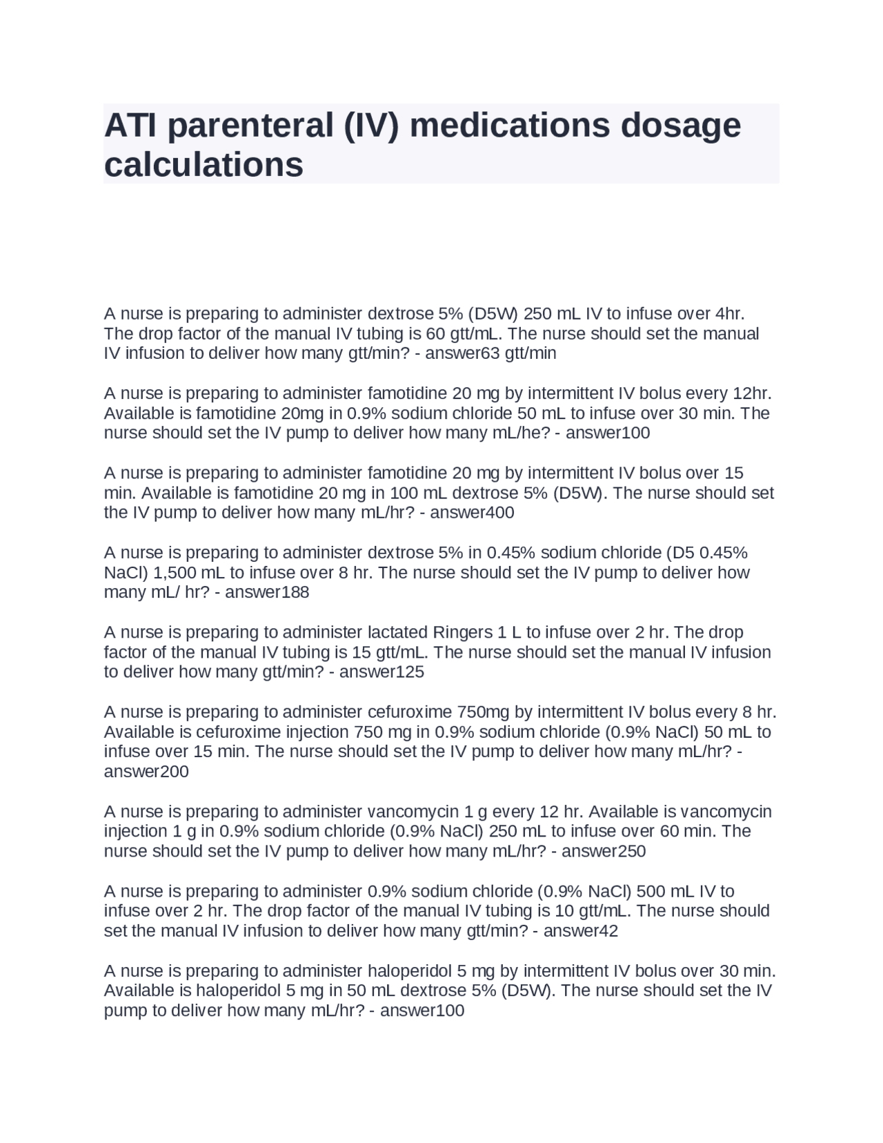 ATI parenteral (IV) medications dosage calculations Questions and ...