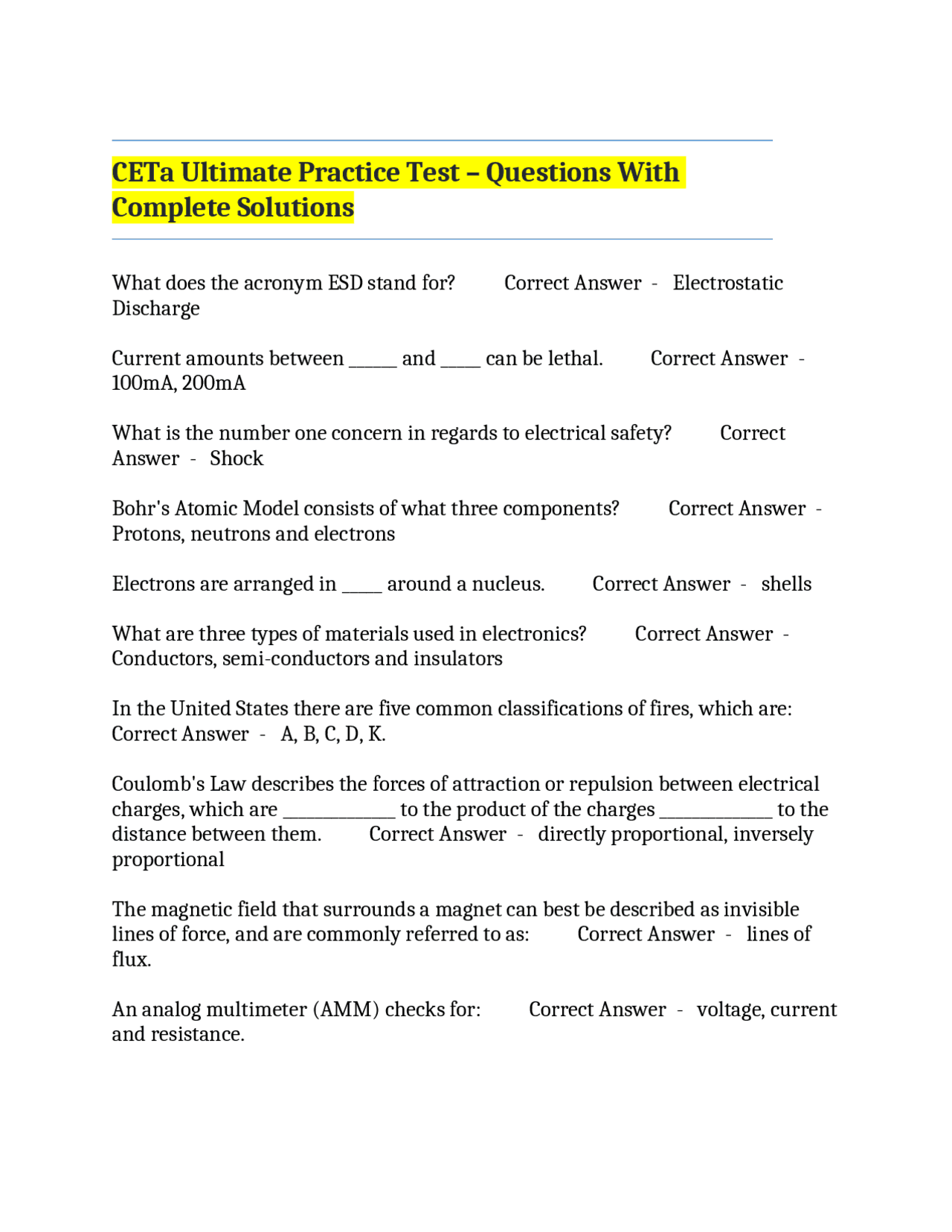 CETa Ultimate Practice Test - Questions with Complete Solutions | Exams ...