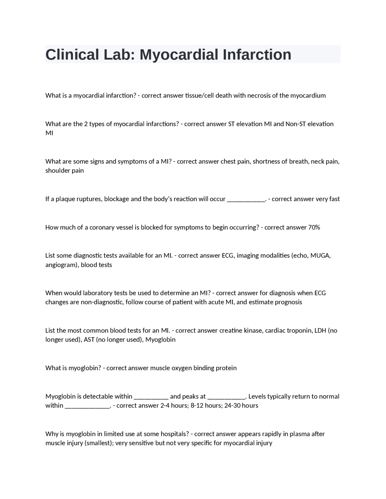 Myocardial Infarction: Clinical Lab Exercises and Answers | Exams ...