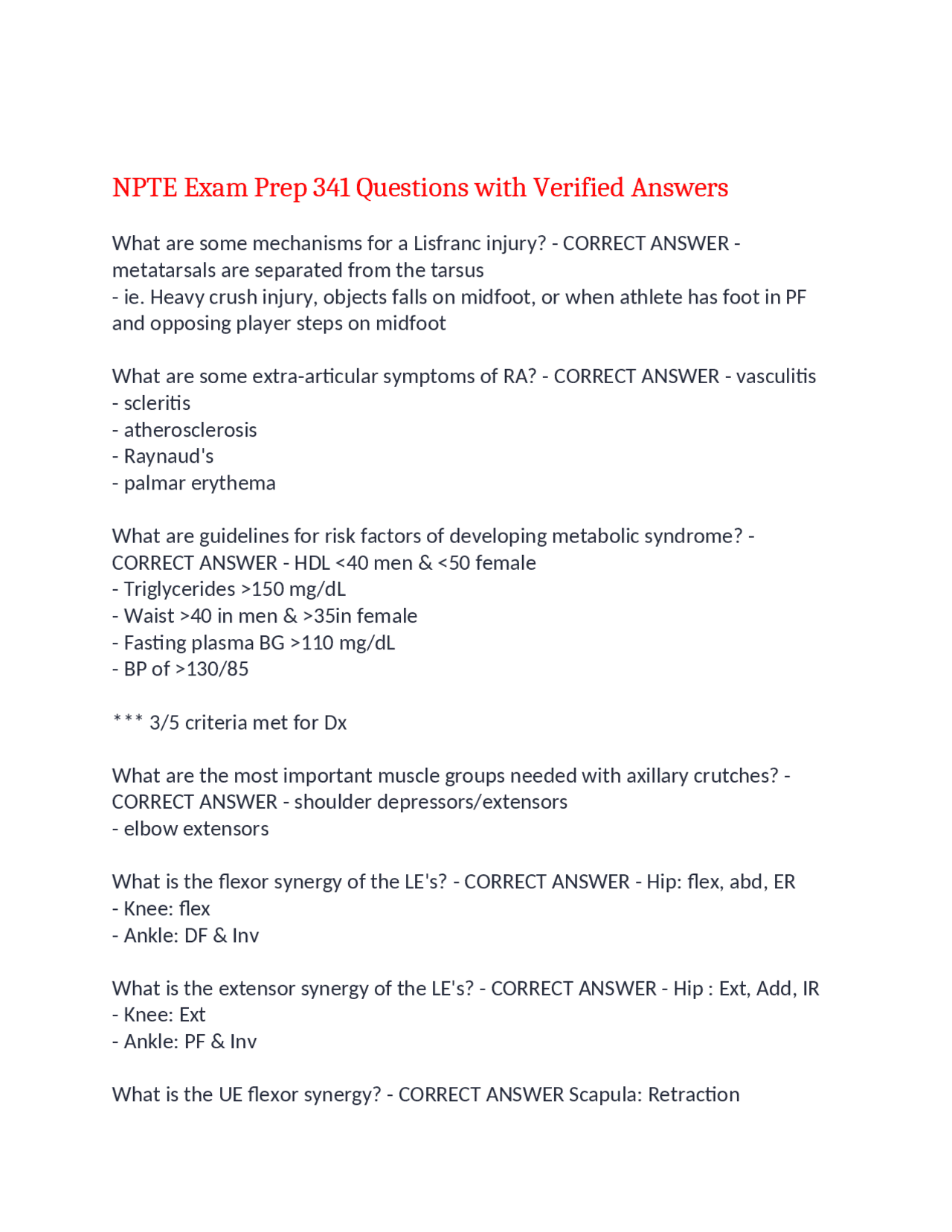 NPTE Exam Prep 341 Questions with Verified Answers,100% CORRECT | Exams ...