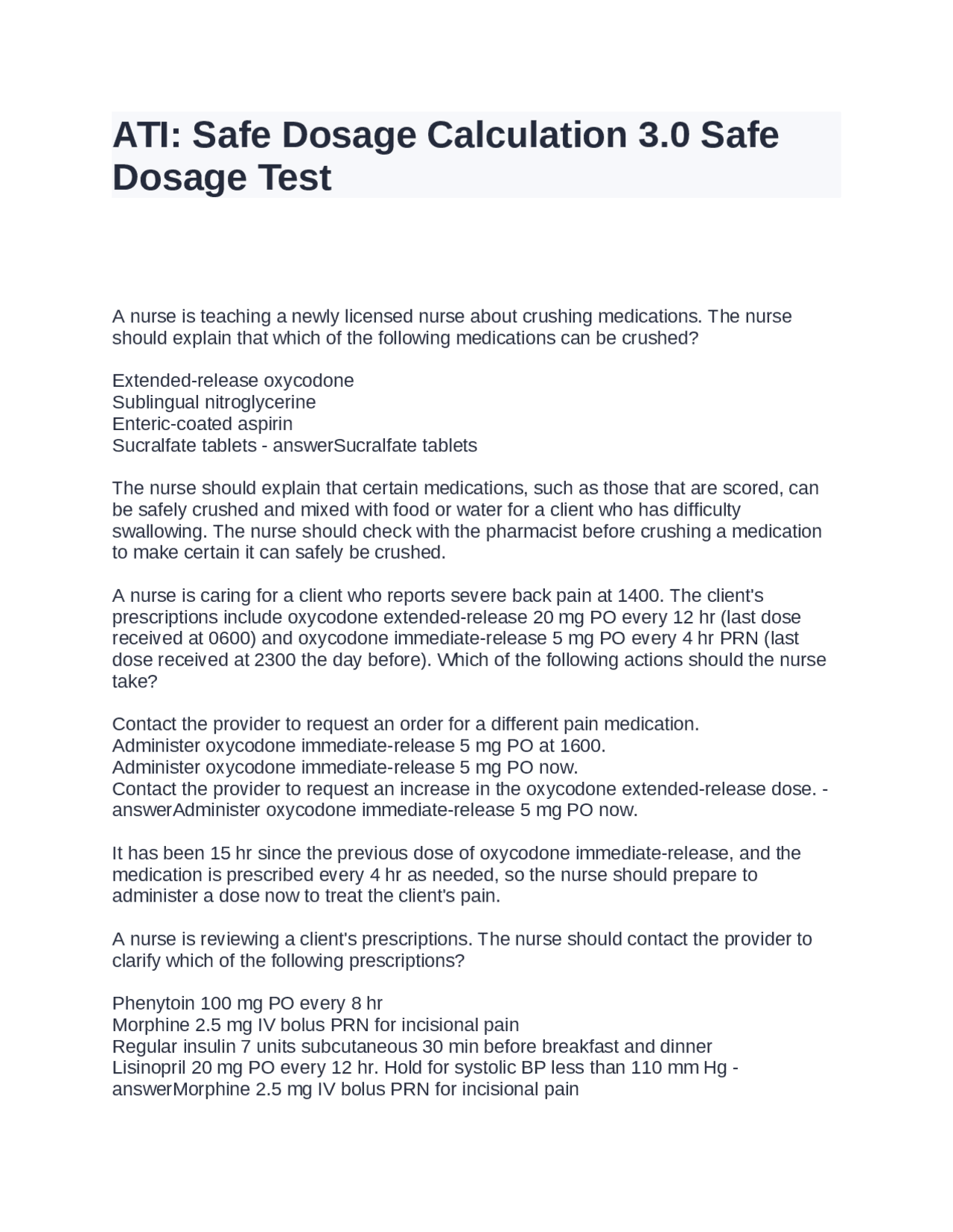 ATI. Safe Dosage Calculation 3.0 Safe Dosage Test Questions with ...