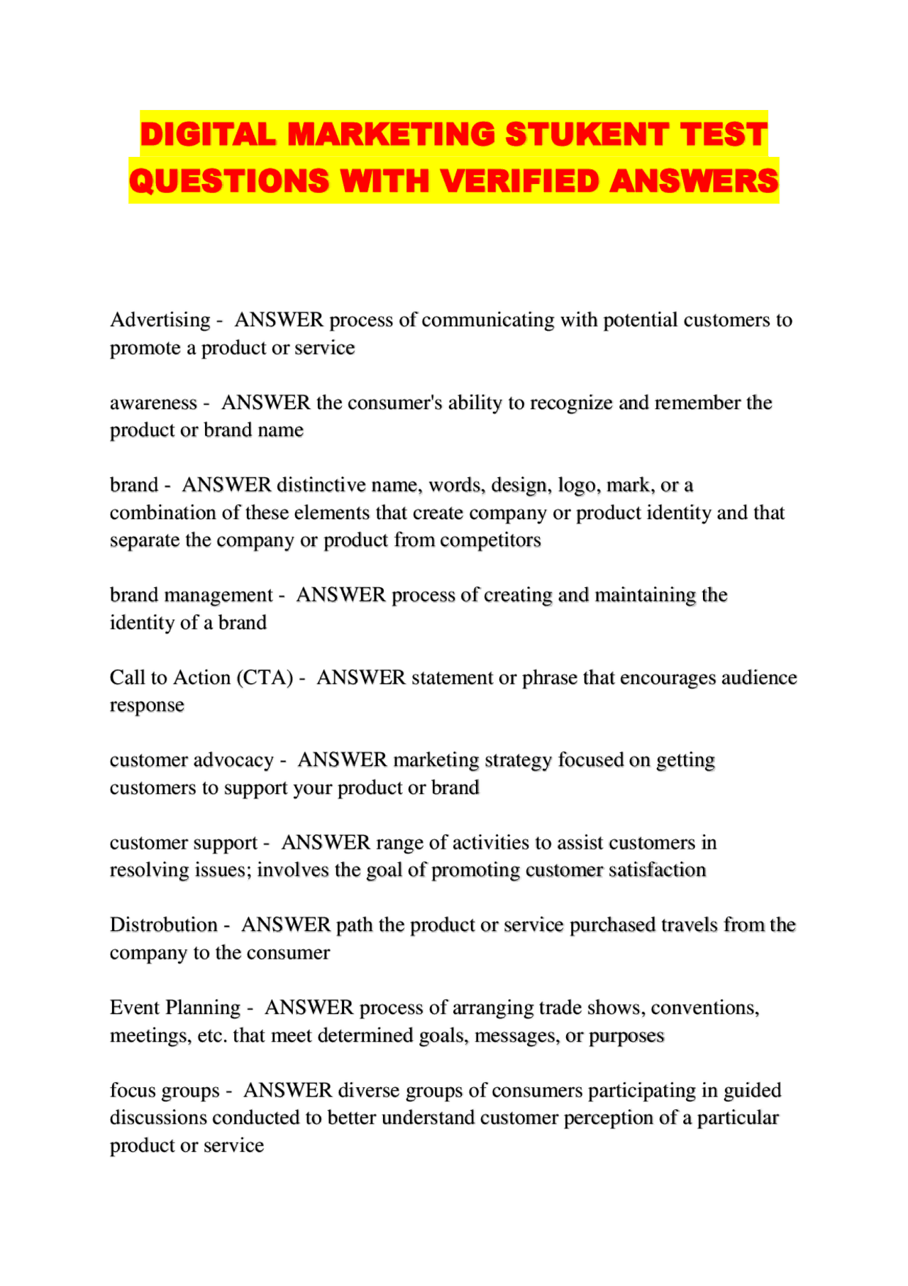 DIGITAL MARKETING STUKENT TEST QUESTIONS WITH VERIFIED ANSWERS | Exams ...