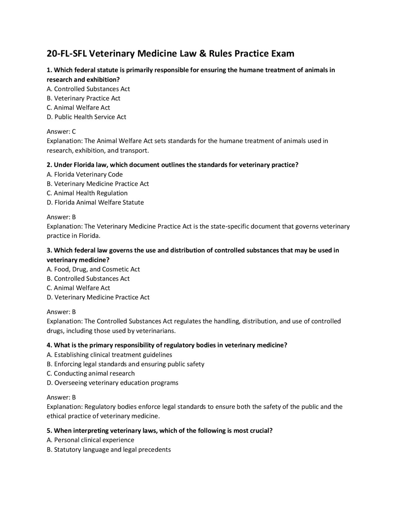 20-FL-SFL Veterinary Medicine Law & Rules Exam | Exams Technology | Docsity