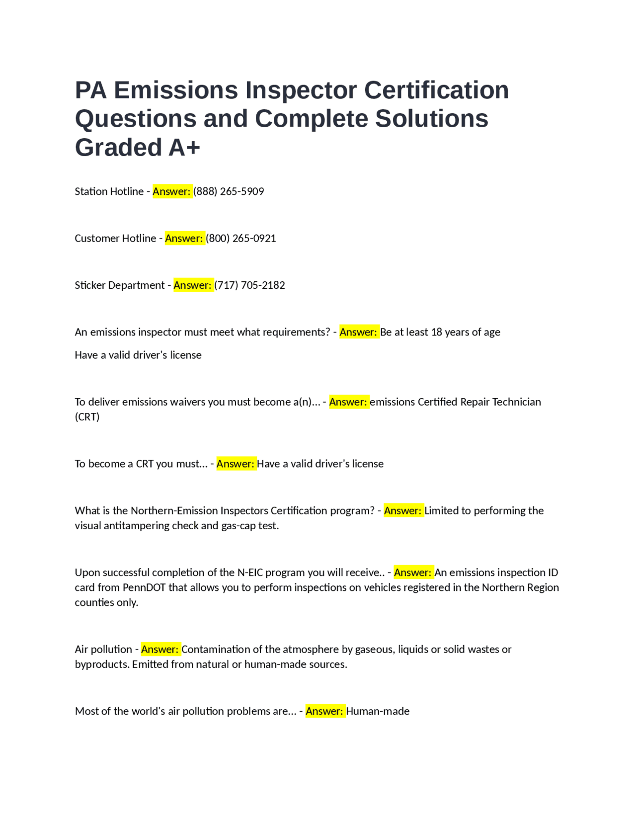PA Emissions Inspector Certification Questions and Complete Solutions ...