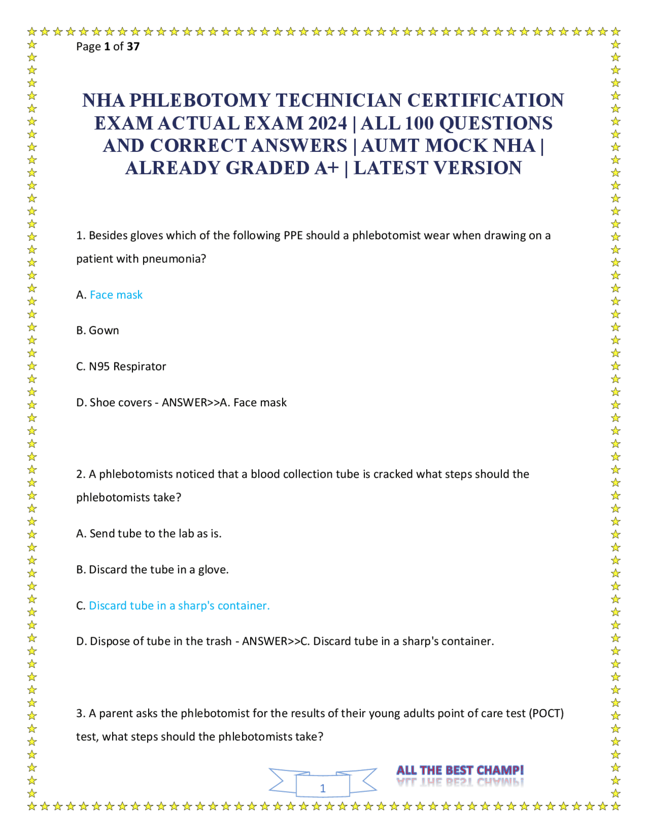 NHA PHLEBOTOMY TECHNICIAN CERTIFICATION EXAM ACTUAL EXAM 2024 ALL 100 ...