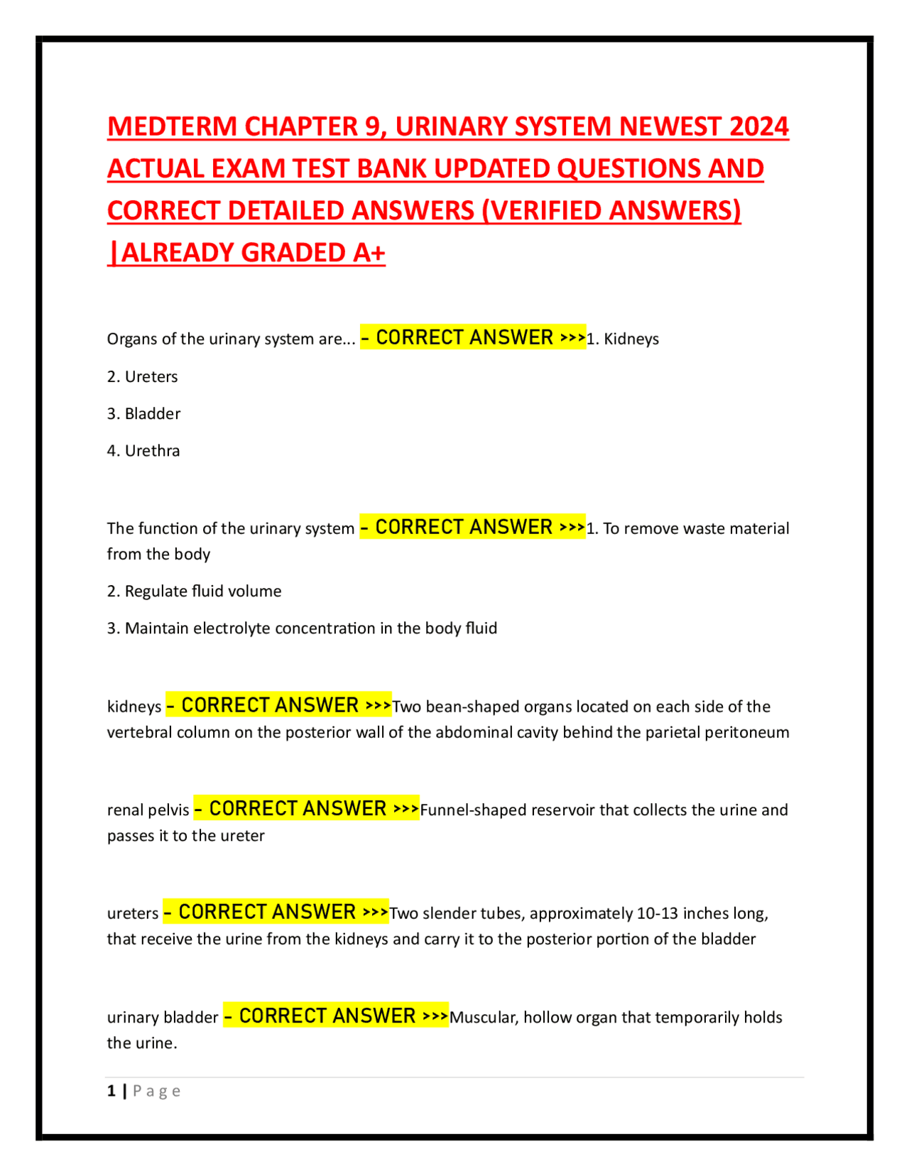 MEDTERM CHAPTER 9, URINARY SYSTEM NEWEST 2024 ACTUAL EXAM TEST BANK ...